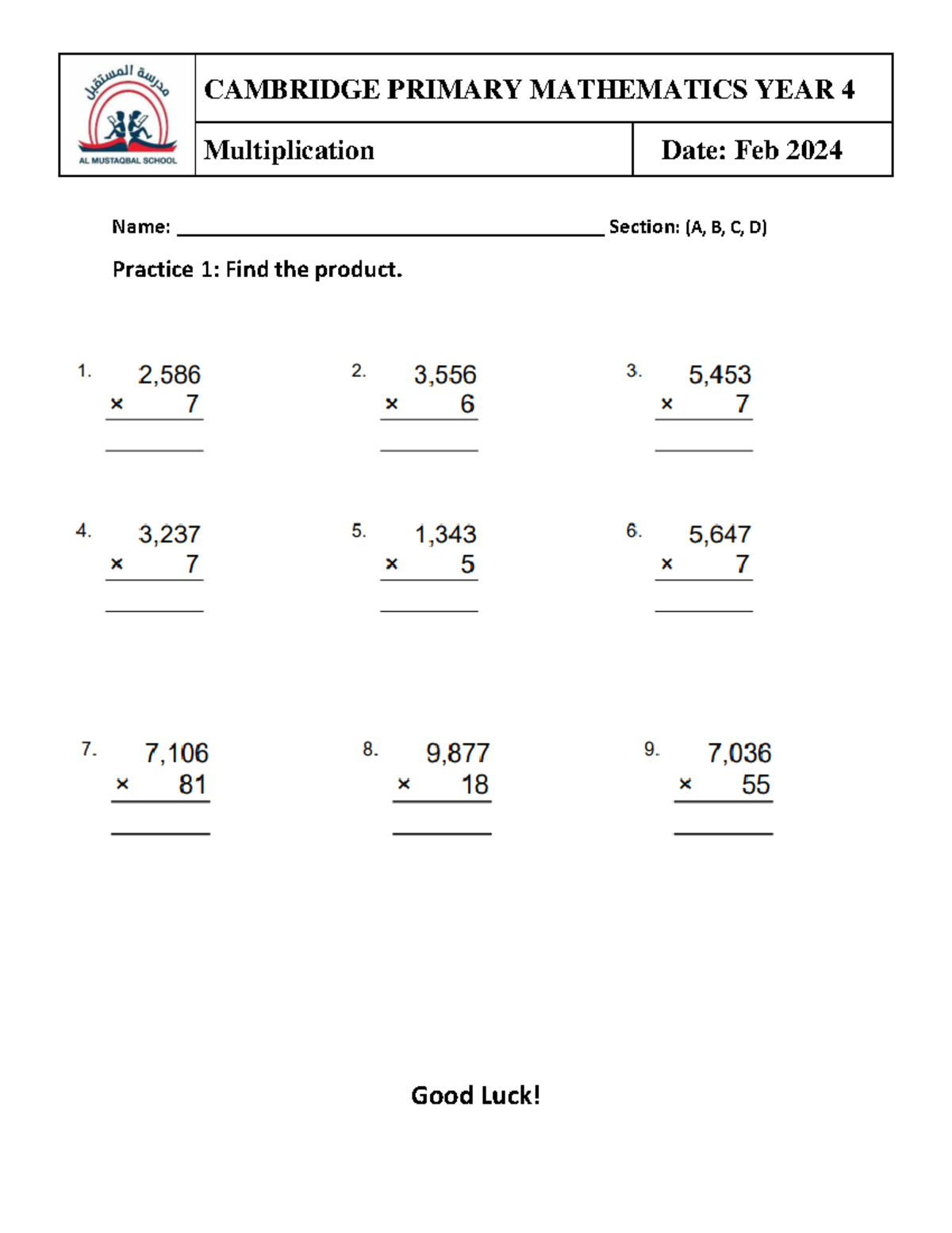 CAMBRIDGE PRIMARY MATHEMATICS YEAR 4 Unit 11 Worksheets: Multiplication ...