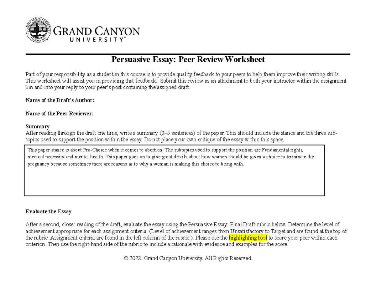 Peer Review Worksheet for Persuasive Essay PHI105 - Studocu