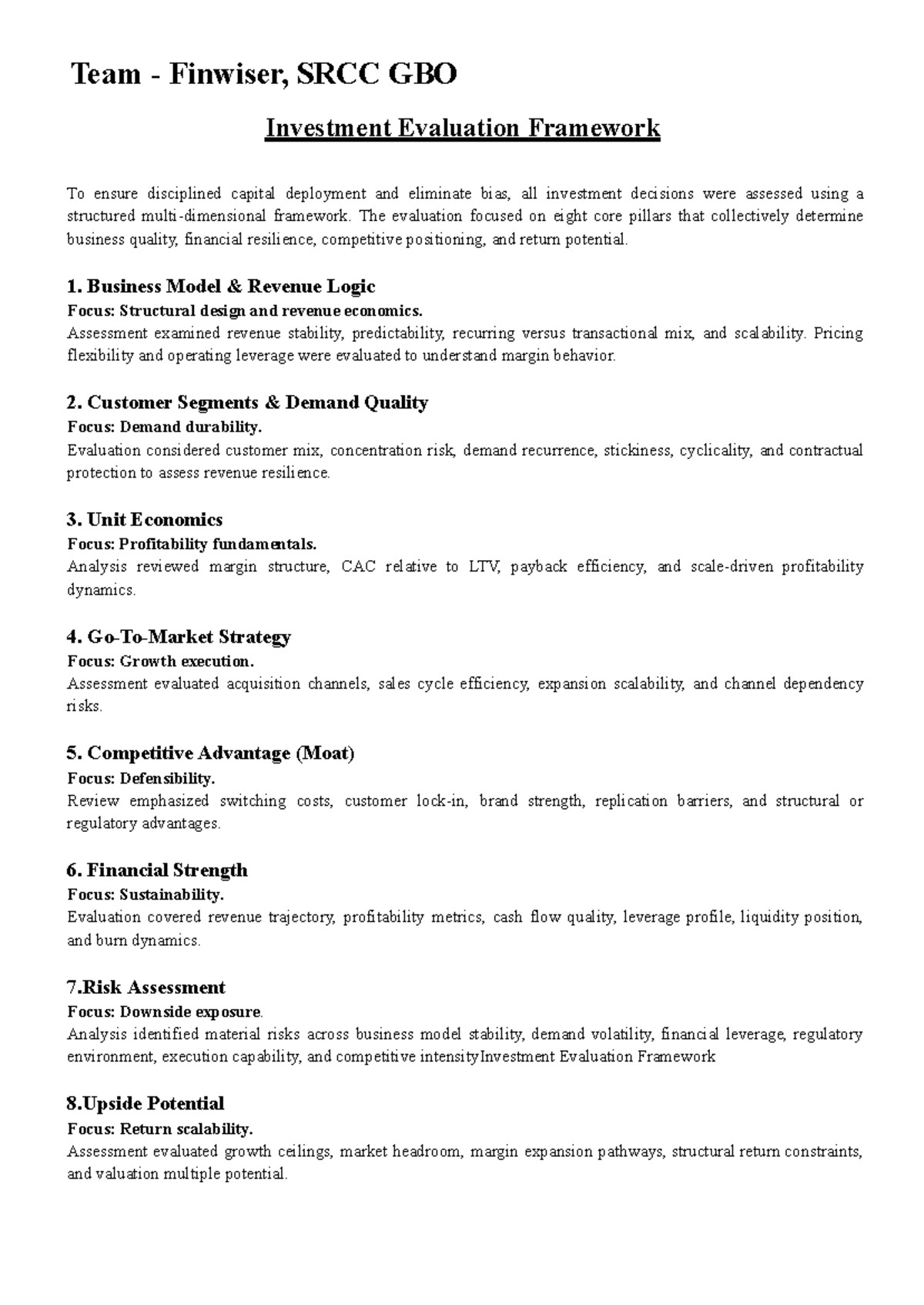 Finwiser SRCC GBO Investment Evaluation Framework Analysis - Studocu