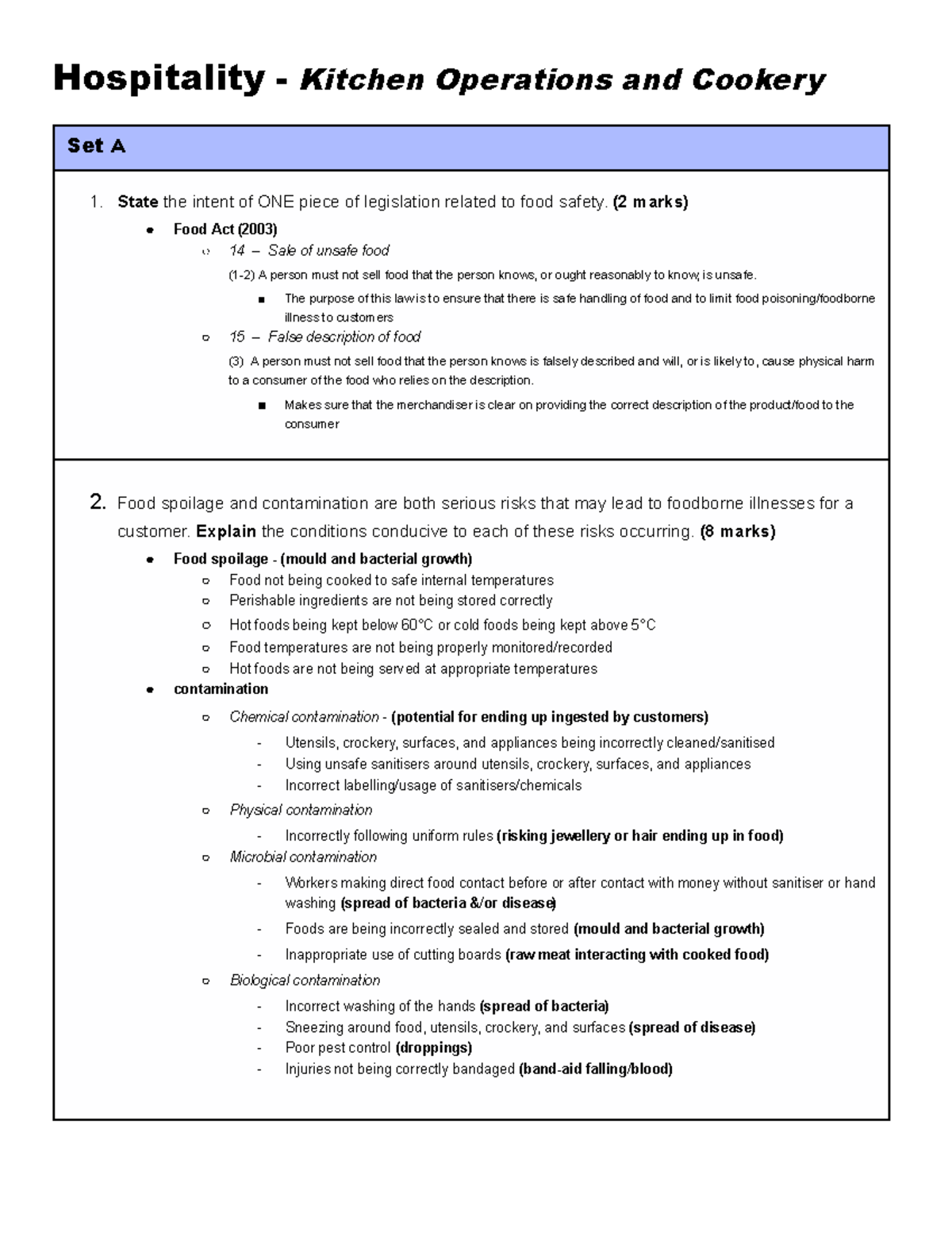 Hospitality Kitchen Operations & Cookery Study Notes: Food Safety & WHS ...