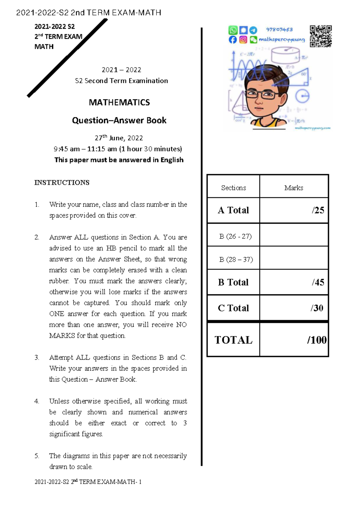 2021-2022 S2 2nd TERM EXAM - MATHEMATICS Paper Overview - Studocu
