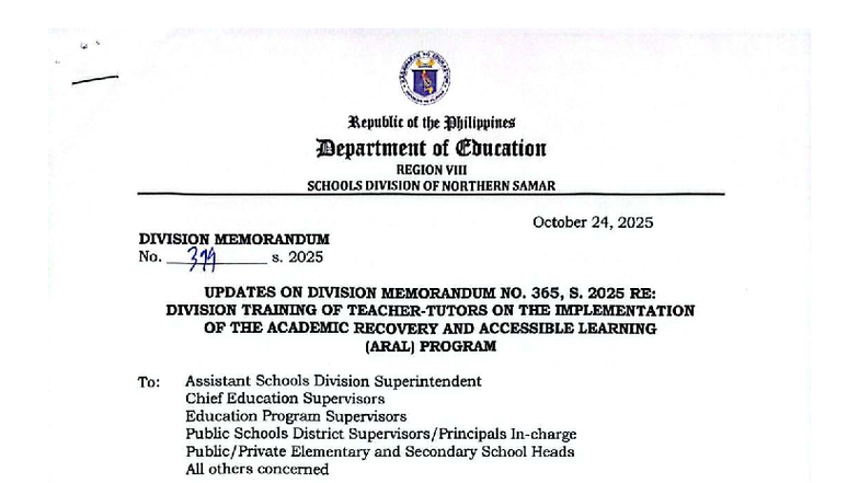 Division Memo No. 319 S. 2025: Updates on ARAL Program Training - Studocu
