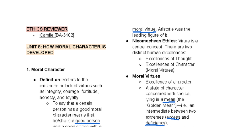 ETHICS REVIEWER Camile: Moral Character & Development Insights - Studocu