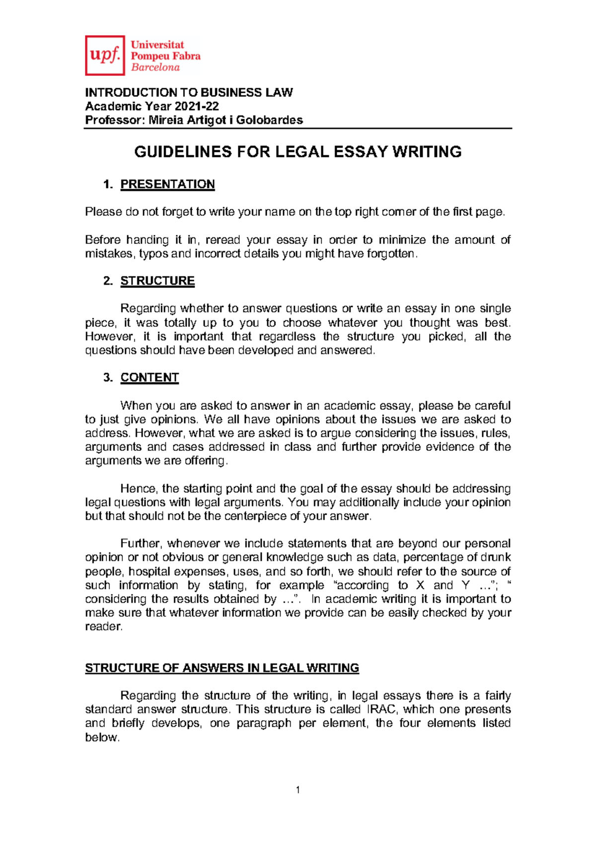 Guidelines for Legal Essay Writing in Intro to Business Law - Studocu