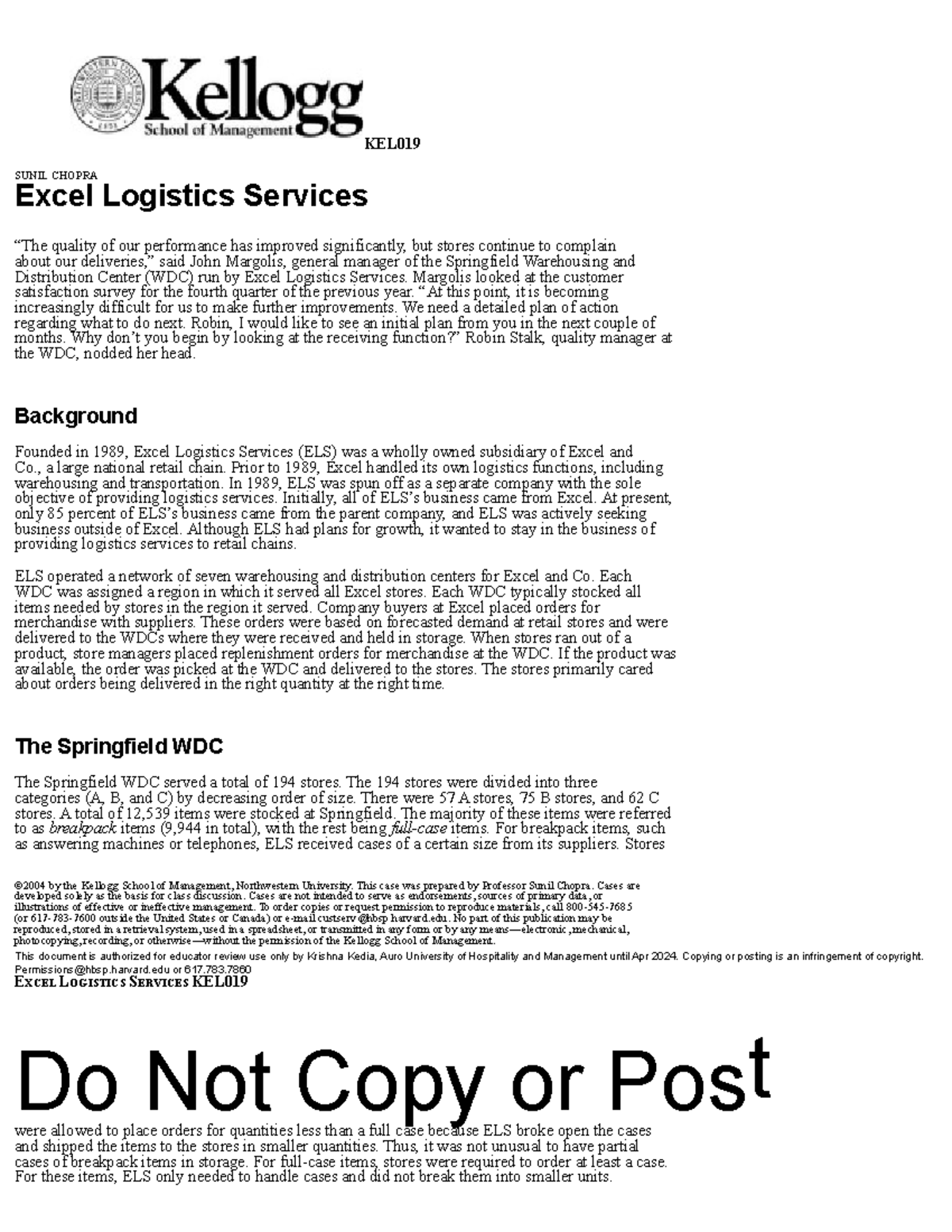 KEL019 Excel Logistics Case Study: Improving Springfield WDC ...