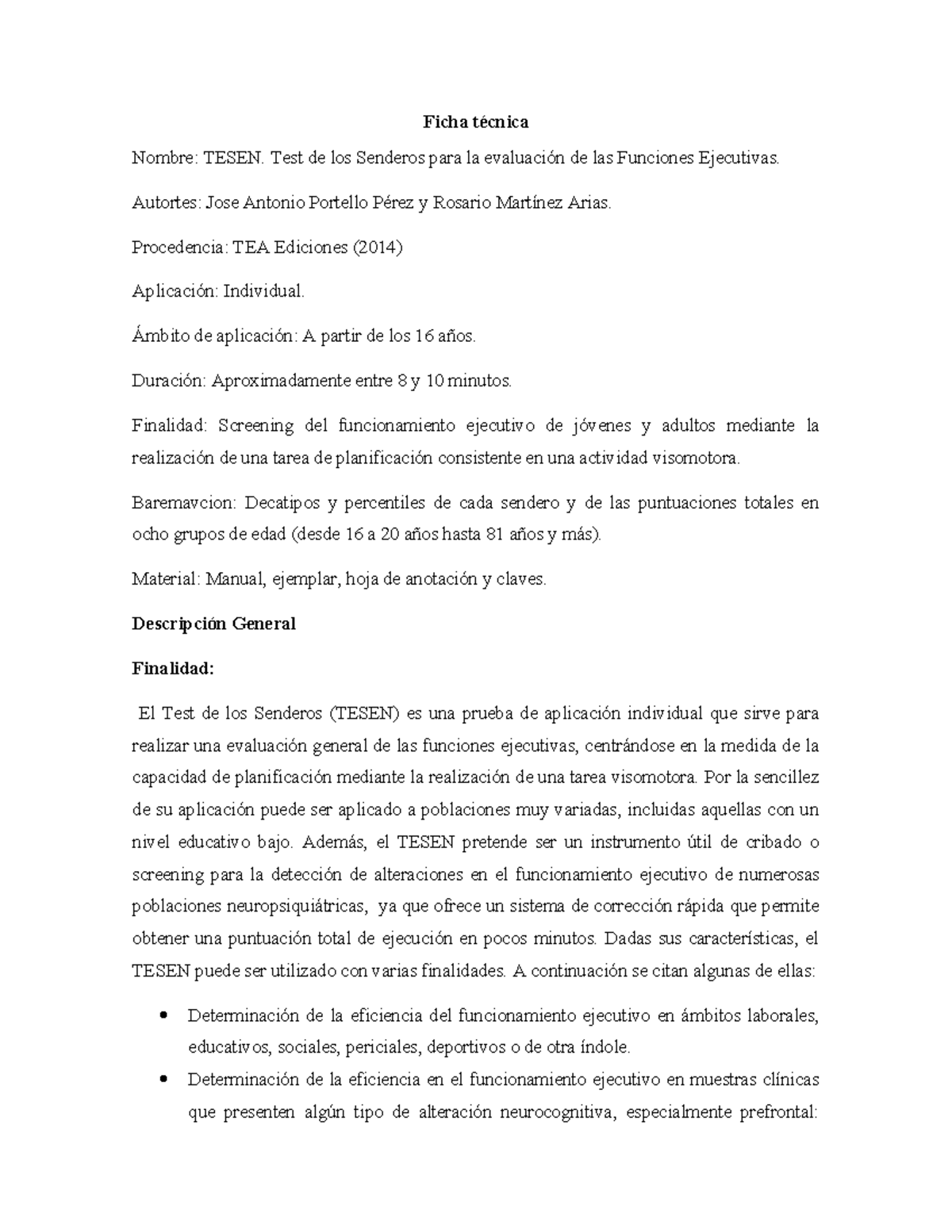 Ficha Técnica del TESEN: Evaluación de Funciones Ejecutivas - Studocu