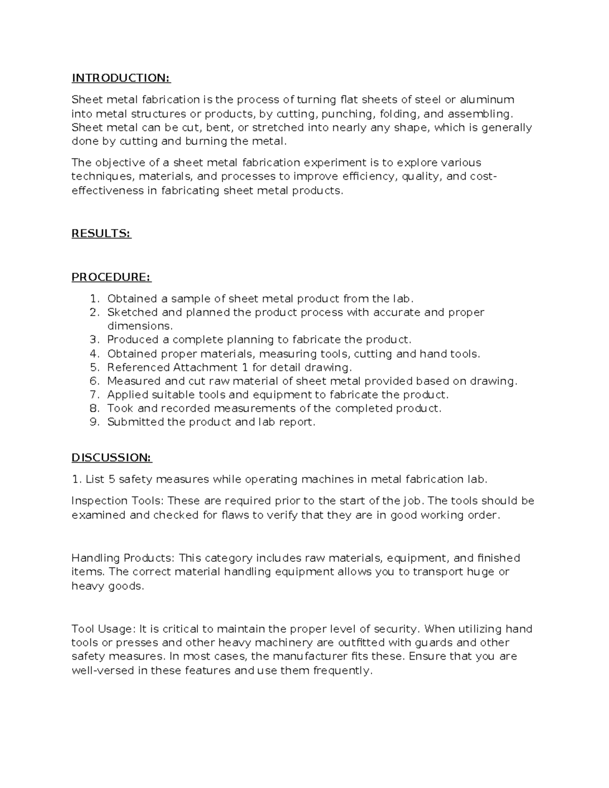 Sheet Metal Fabrication Lab Report: Techniques and Safety Procedures ...