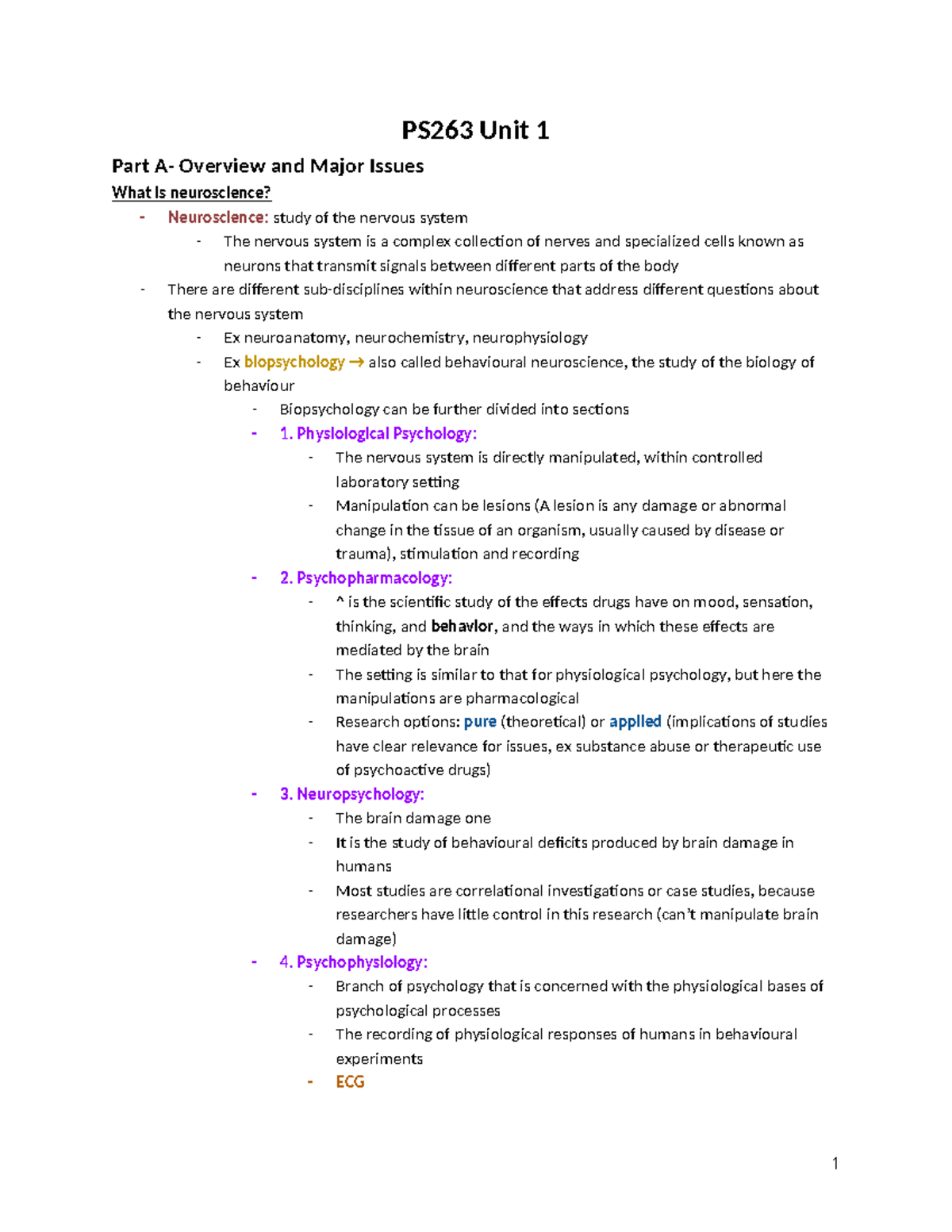 PS263 Unit 1 - Key Neuroscience Concepts for Midterm Success - Studocu