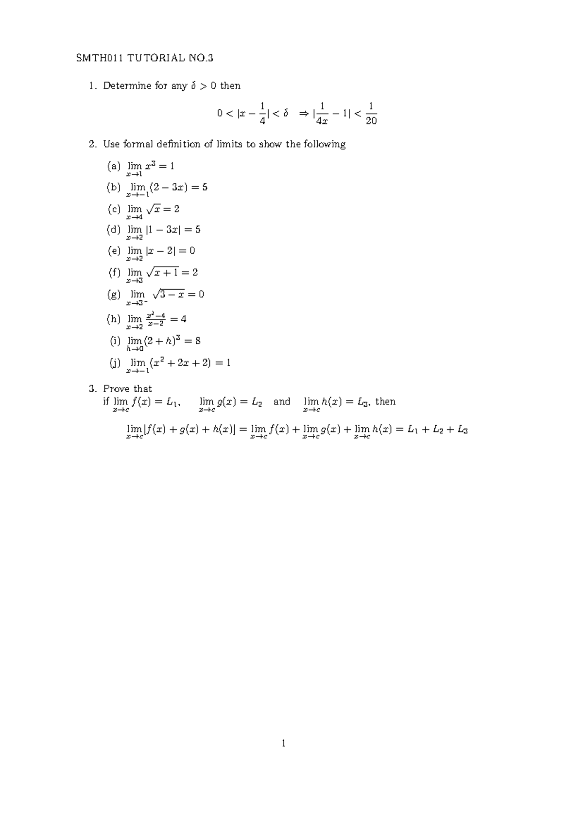 SMTH011 Tutorial No. 3: Limit Definitions and Proofs - Studocu