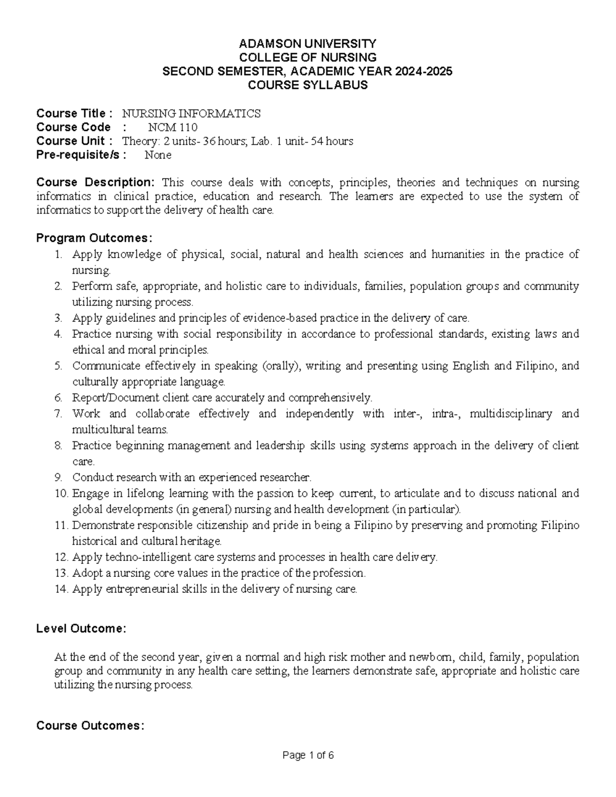 NCM 110 Nursing Informatics Course Syllabus - Second Semester 2024 - Studocu