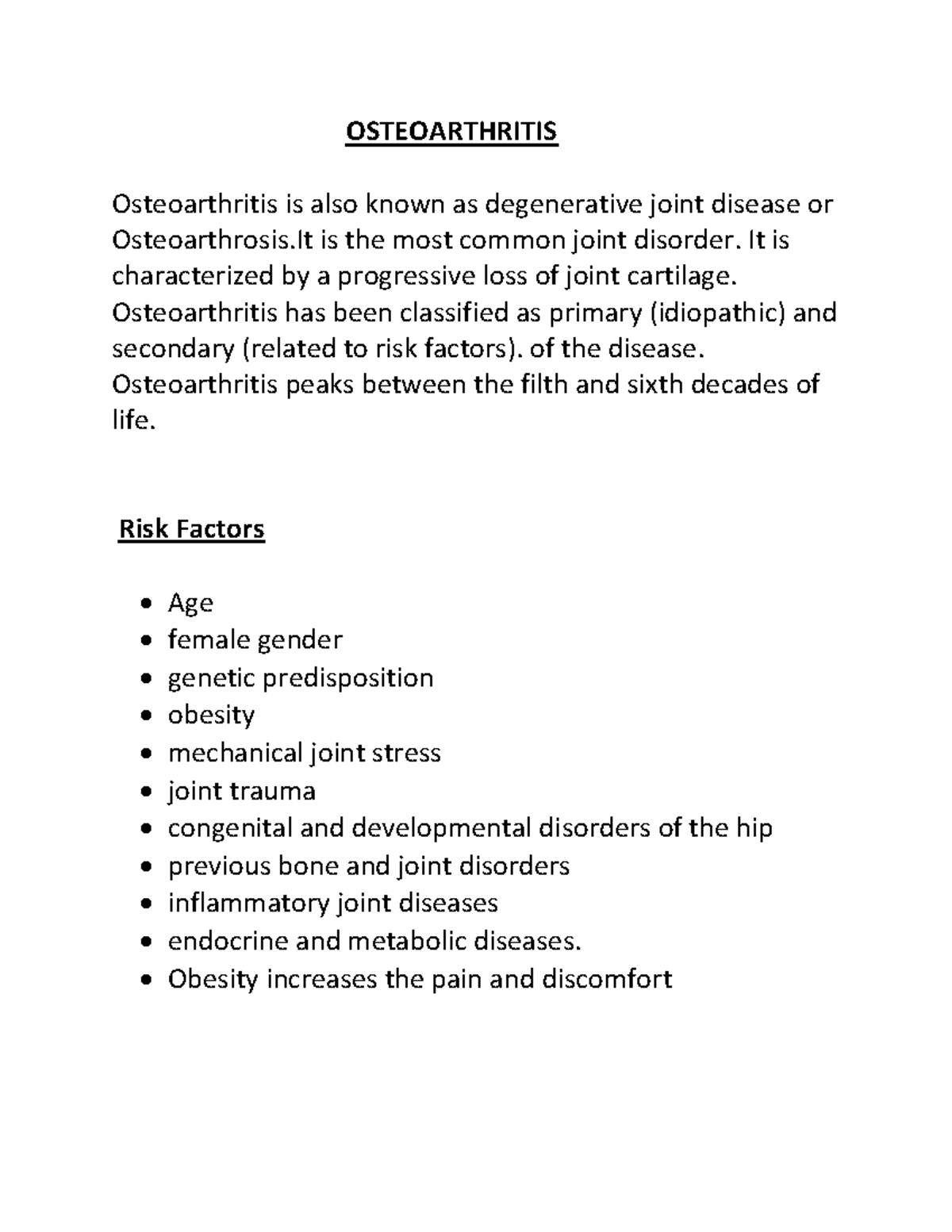 NURS 101: Osteoarthritis - Nursing Study Notes on Joint Disorders - Studocu
