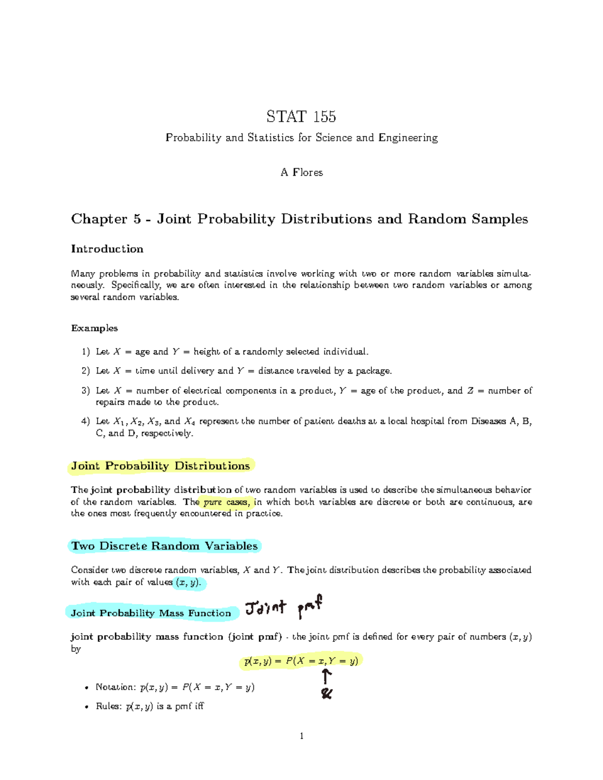 STAT 155 Chapter 5: Joint Probability Distributions & Random Samples ...