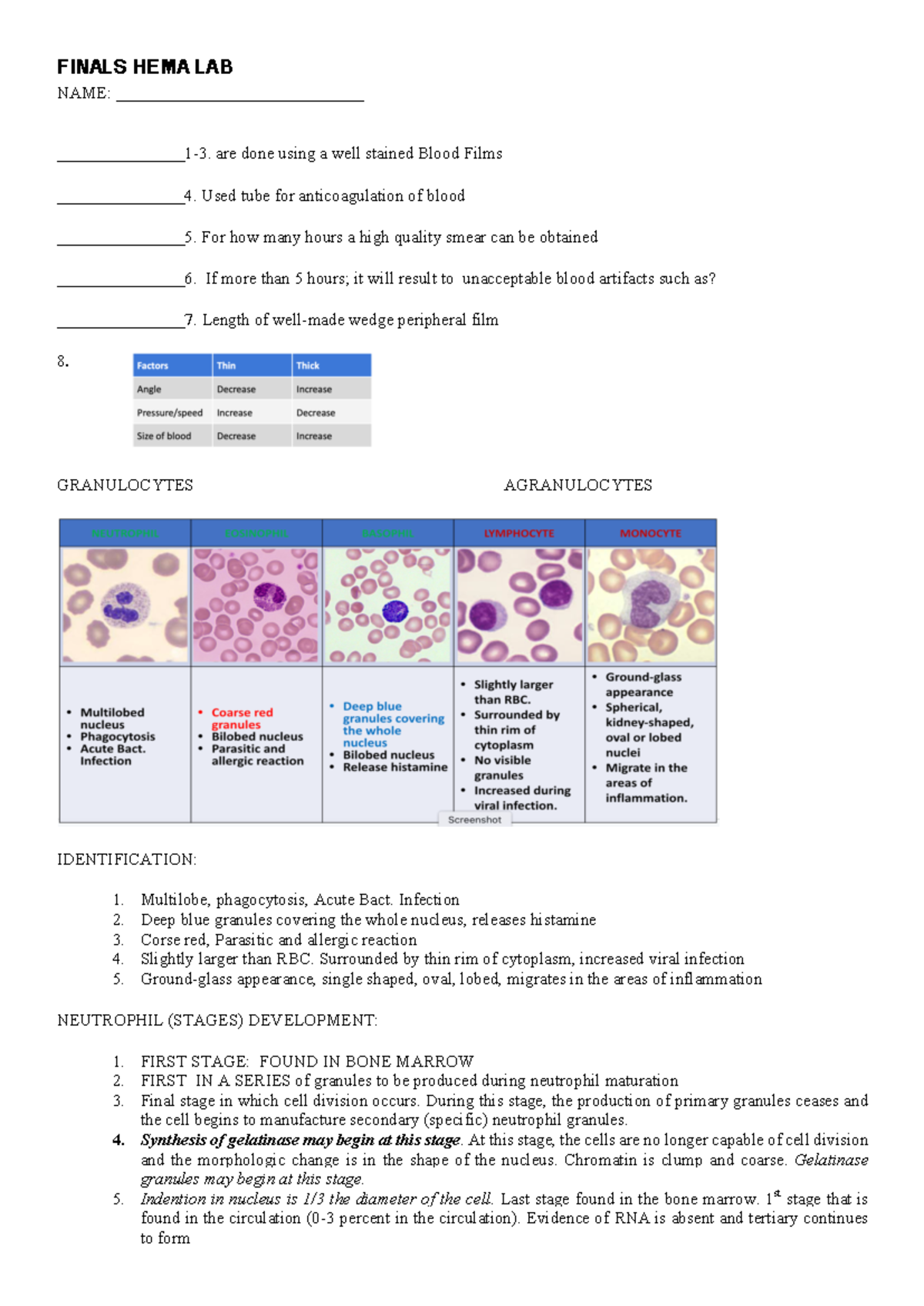HEMA LAB QUIZ - Blood Cell Identification & Staining Techniques - Studocu