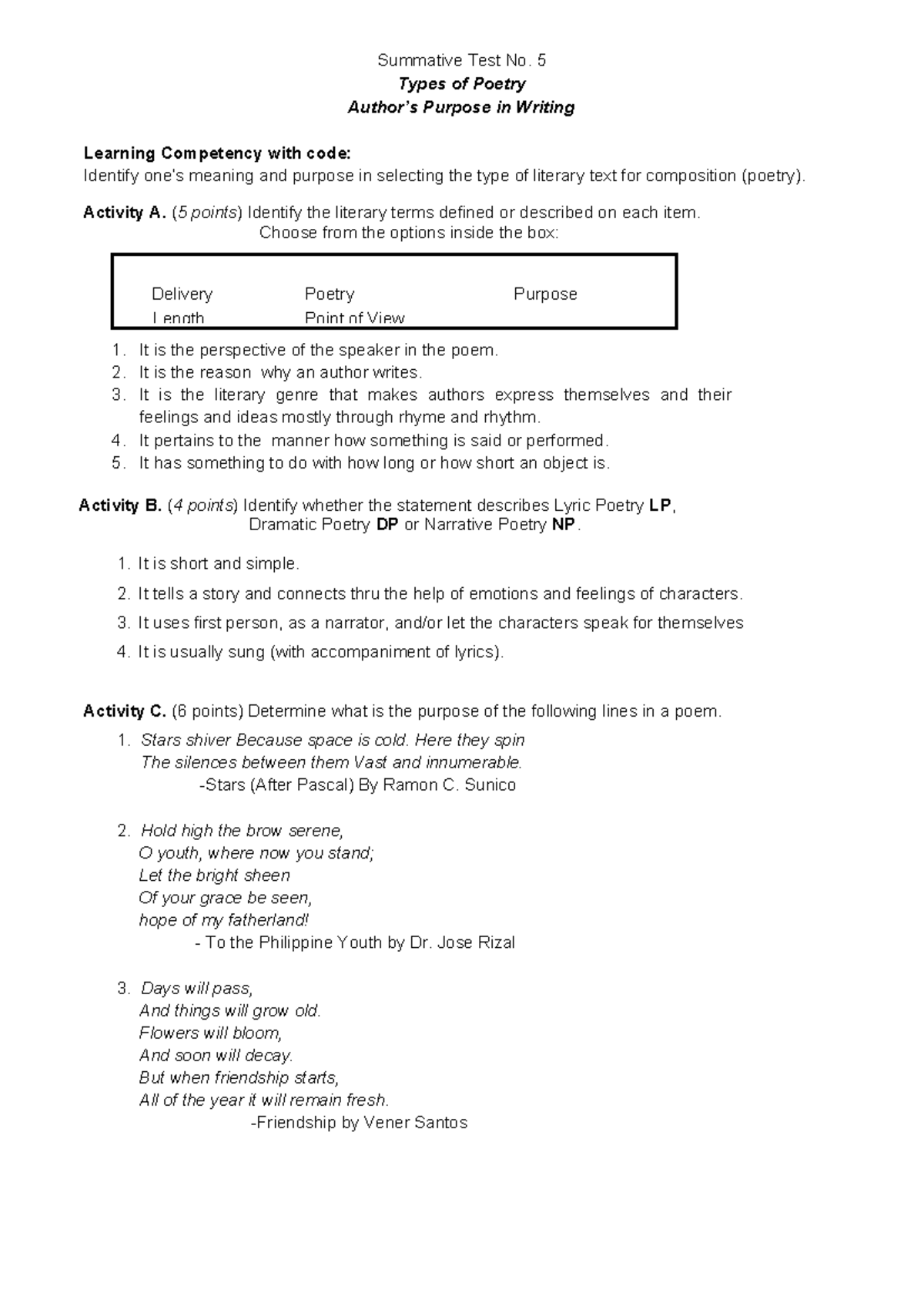 English 7 Summative Test No. 5: Analyzing Types of Poetry - Studocu