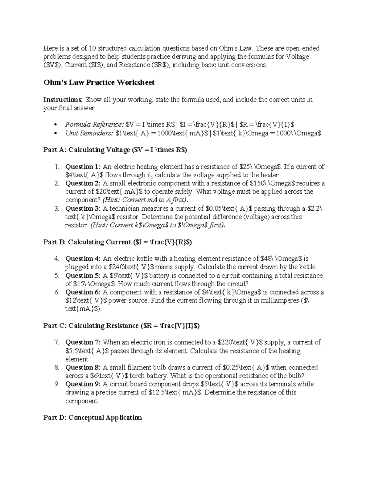 Law Practice Worksheet: Voltage, Current & Resistance Calculations ...