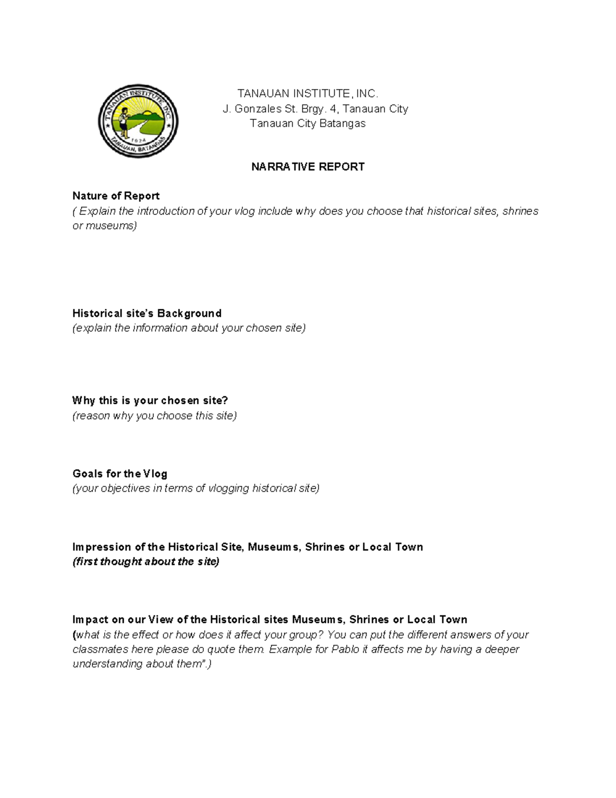 Narrative Report Format for PH History VLOG Documentation - Studocu