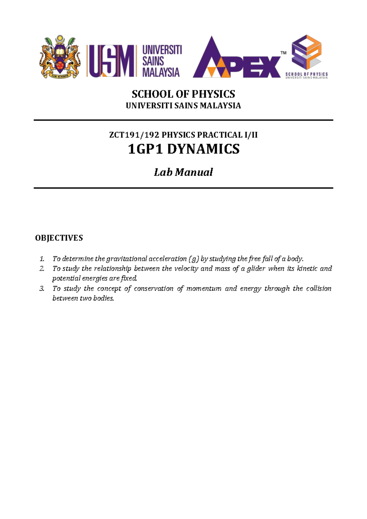 Dynamic Lab Manual for Physics Practical 1GP1: Free Fall & Momentum ...