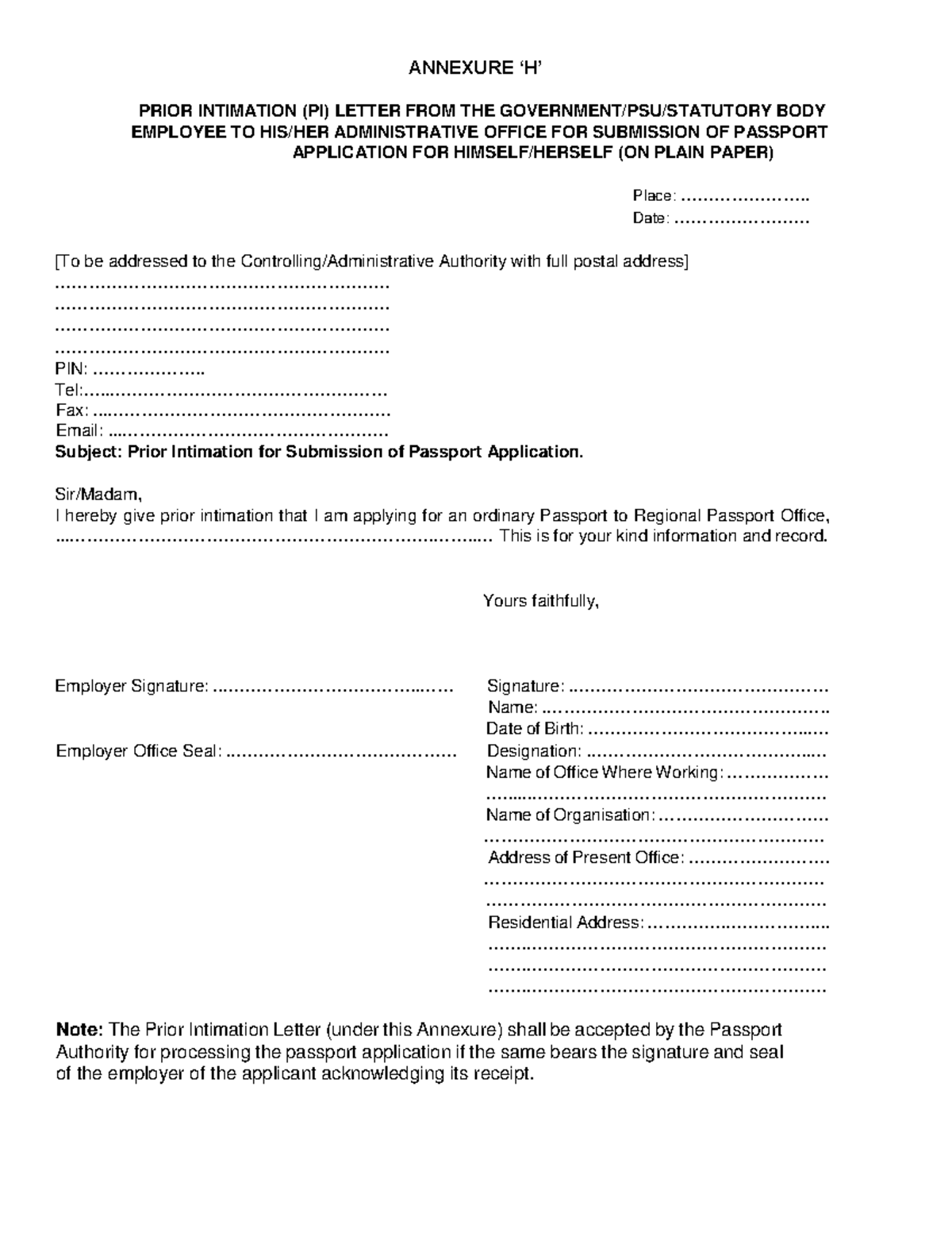 Annexure H - afsyh - ANNEXURE ‘H’ PRIOR INTIMATION (PI) LETTER FROM THE ...