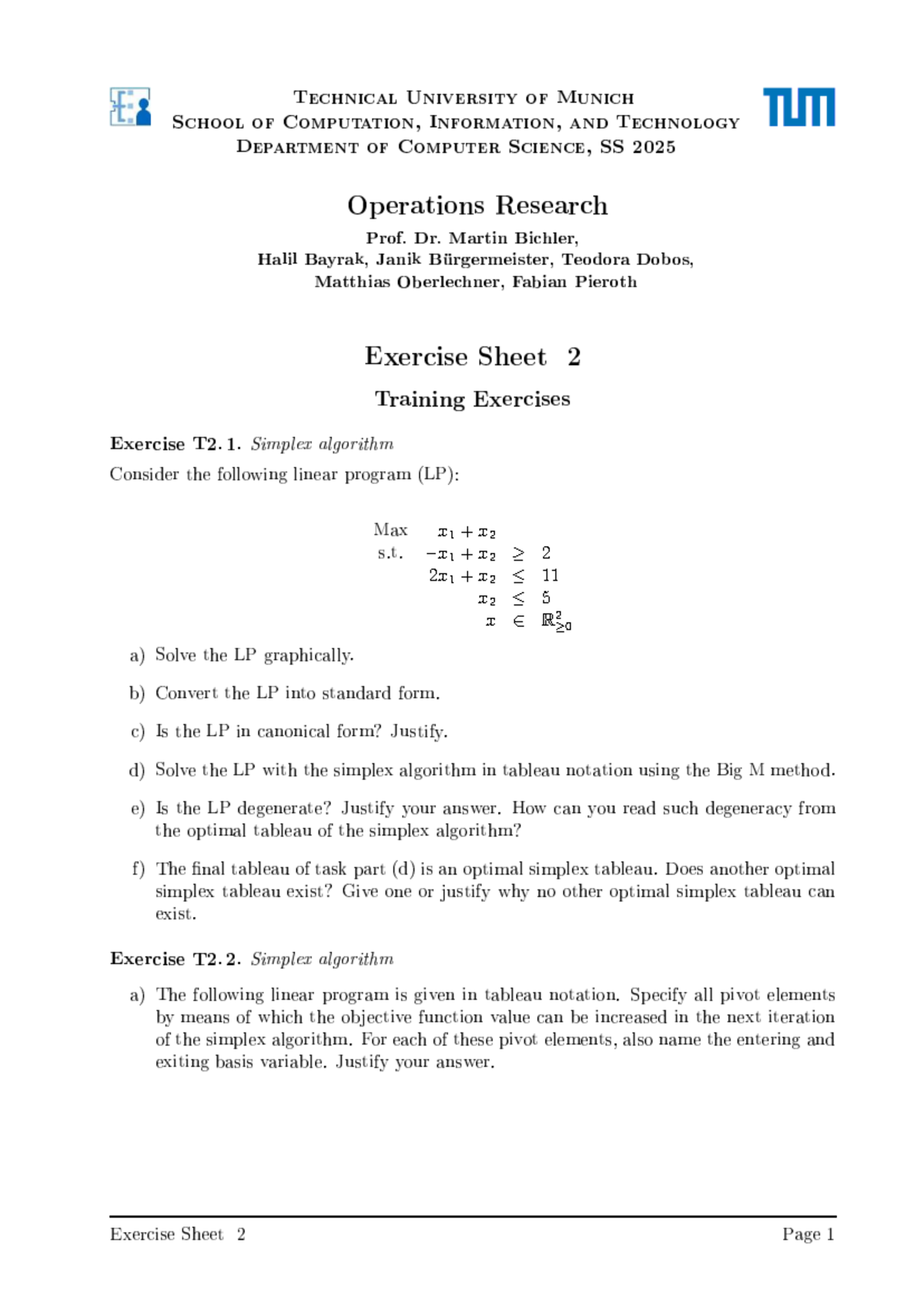 TLM SS 2025 Exercise Sheet 2: Simplex Algorithm & LP Analysis - Studocu