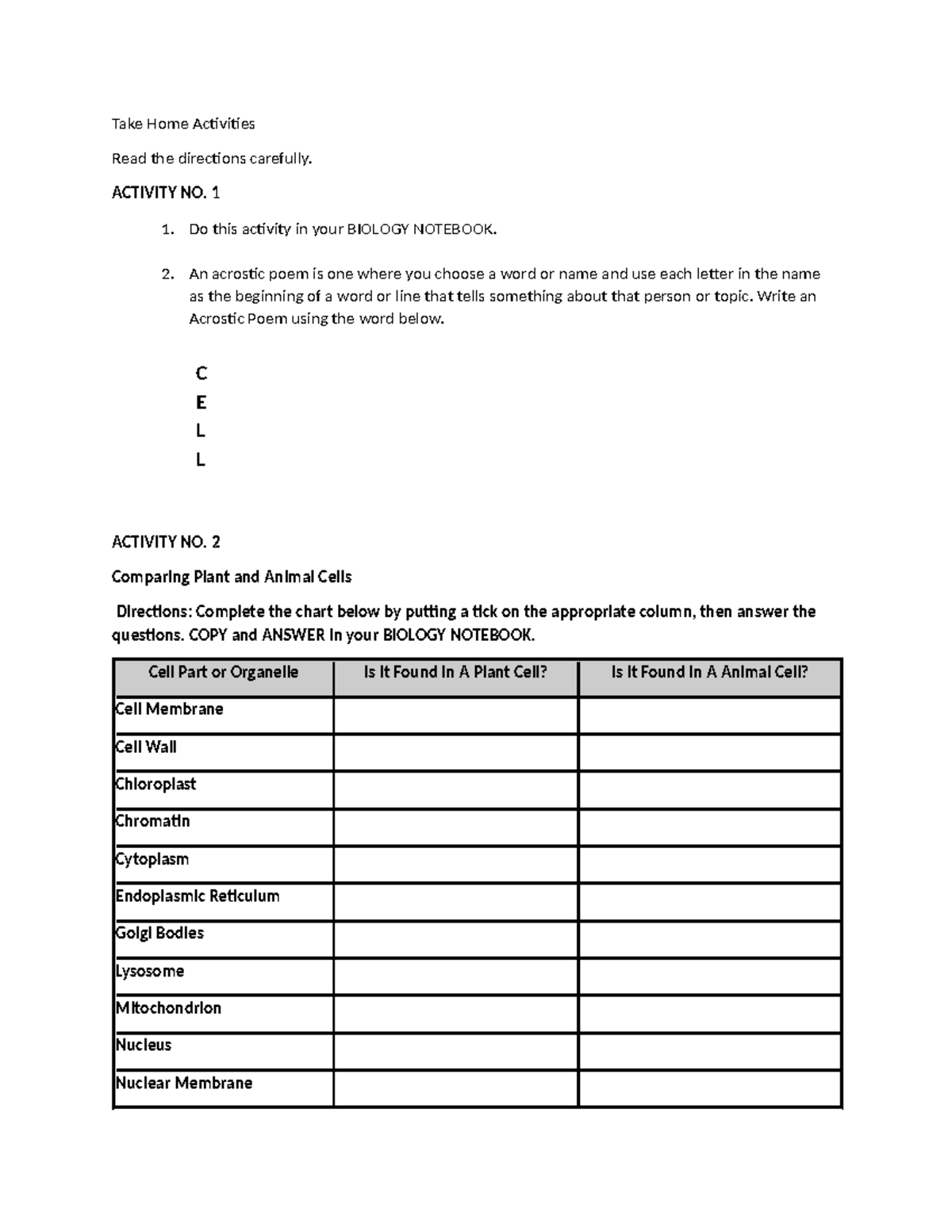 CELL - Cell - Take Home Activities Read the directions carefully ...
