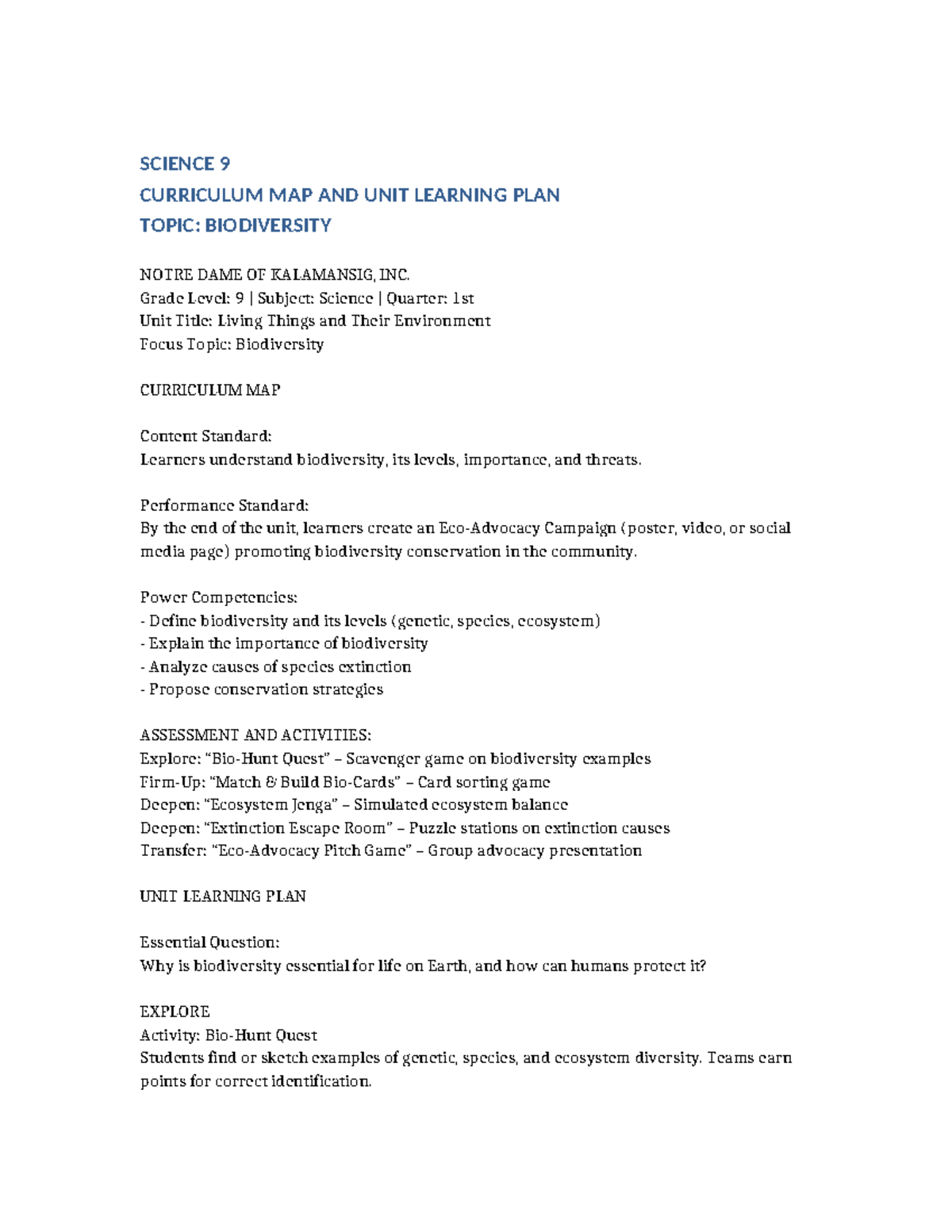 SCIENCE 9: Biodiversity Curriculum Map & Learning Plan - Studocu