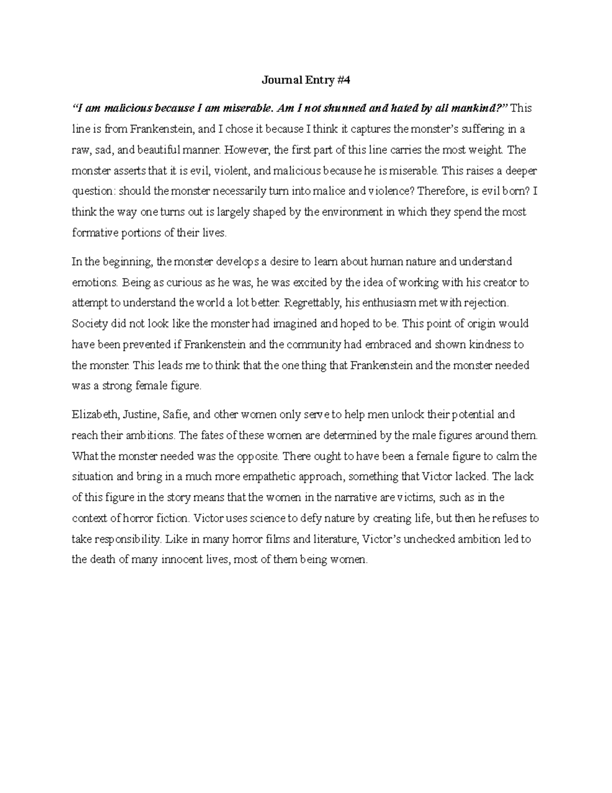 Journal Entry #4: Exploring Malice and Misery in Frankenstein - Studocu