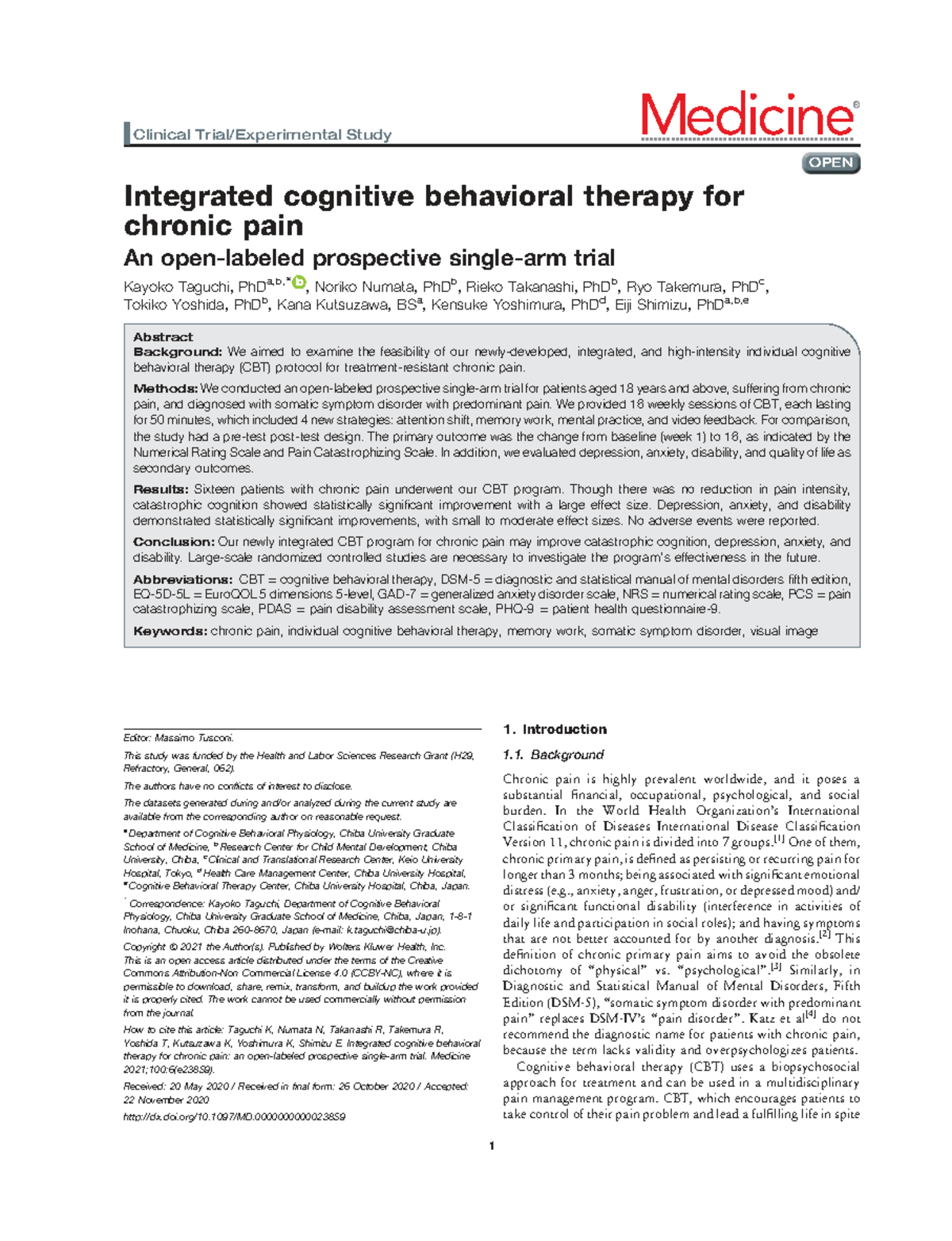 Integrated CBT for Chronic Pain: A Prospective Trial (MED 2021) - Studocu
