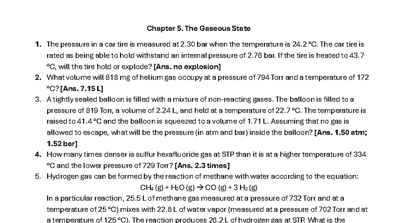 Chapter 5: Gaseous State Practice Problems & Solutions - Studocu