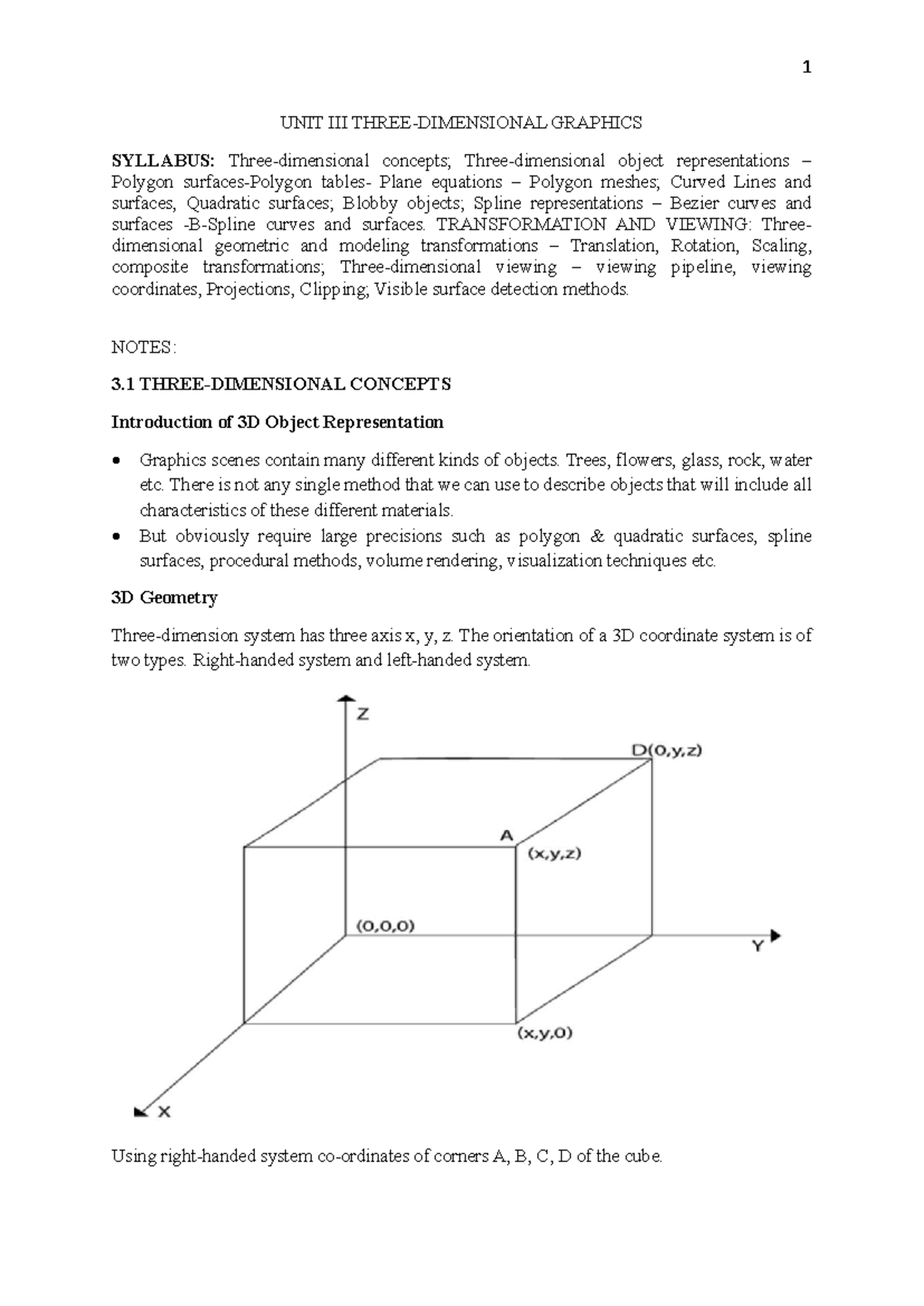 UNIT III 3D GRAPHICS SYLLABUS: Object Representation & Transformations - Studocu