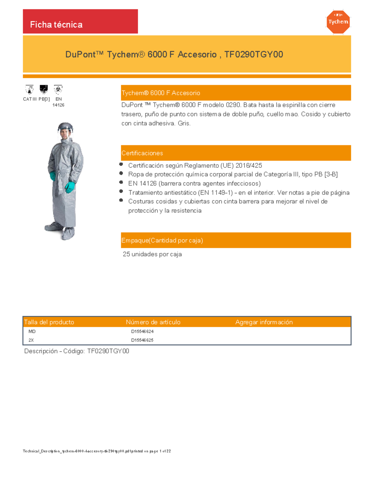 Ficha tecnica Bata Tychem 6000 F modelo 0290 - Tychem® 6000 F Accesorio DuPont ™ Tychem® 6000 F ...