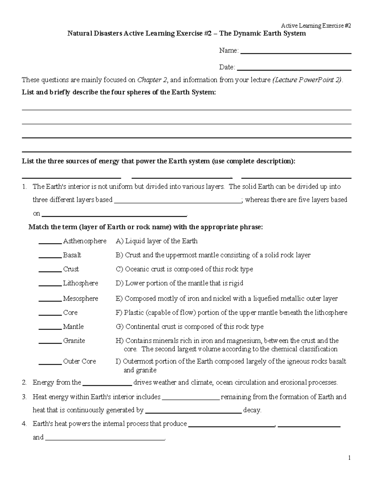 Natural Disasters Active Learning Exercise #2: Earth System Dynamics ...
