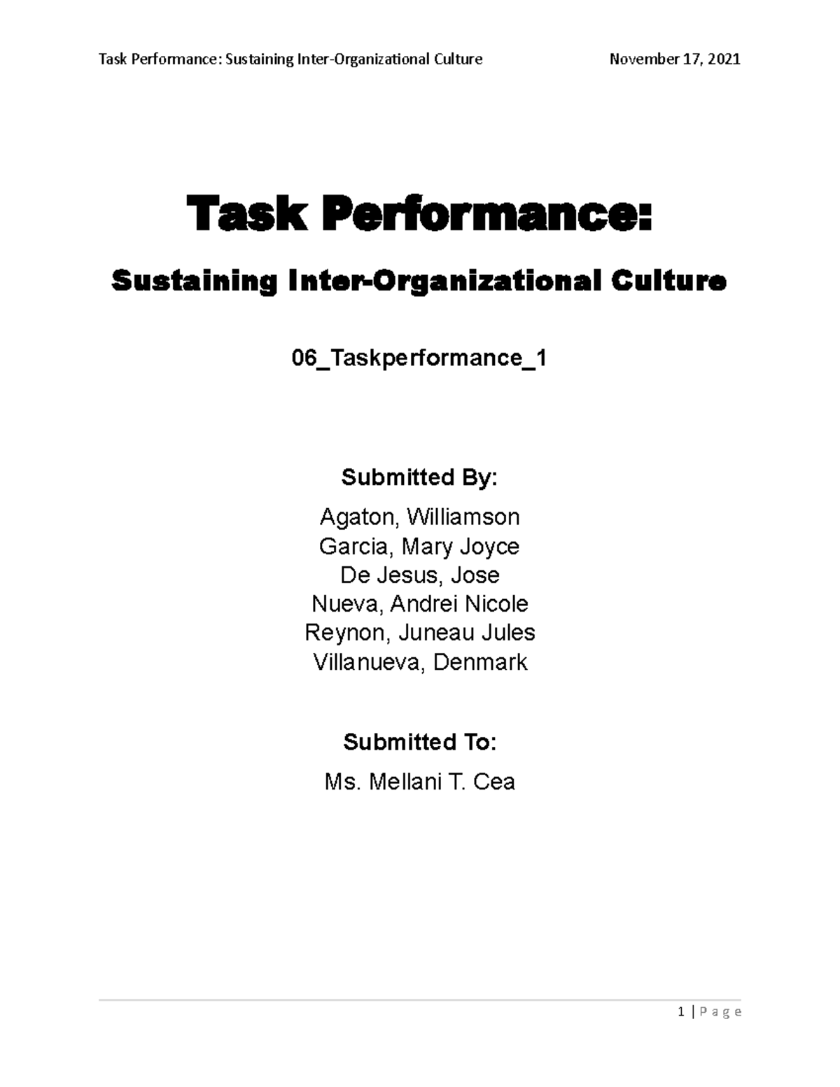 Group 6 06 Task Performance 1 - Task Performance: Sustaining Inter ...