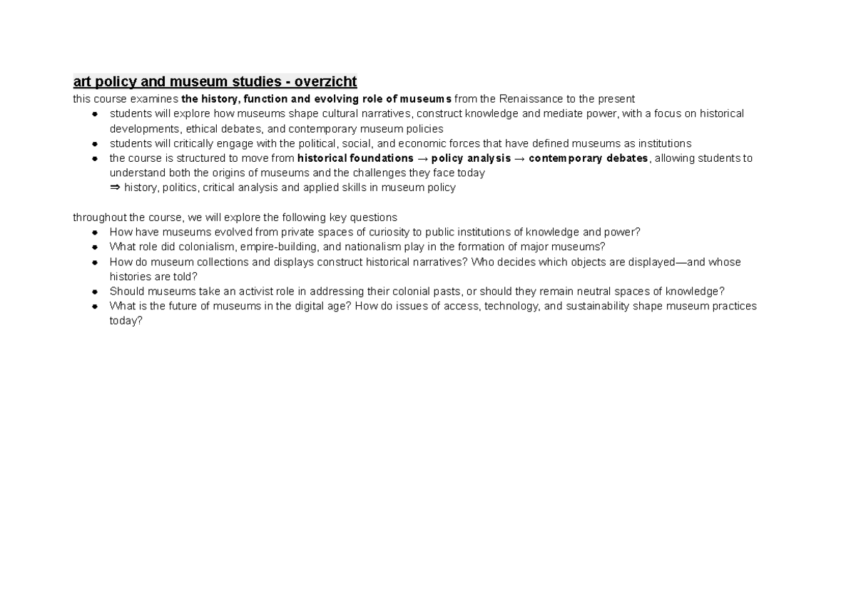 Art Policy and Museum Studies (Course Code: APMS) Overview - Studocu