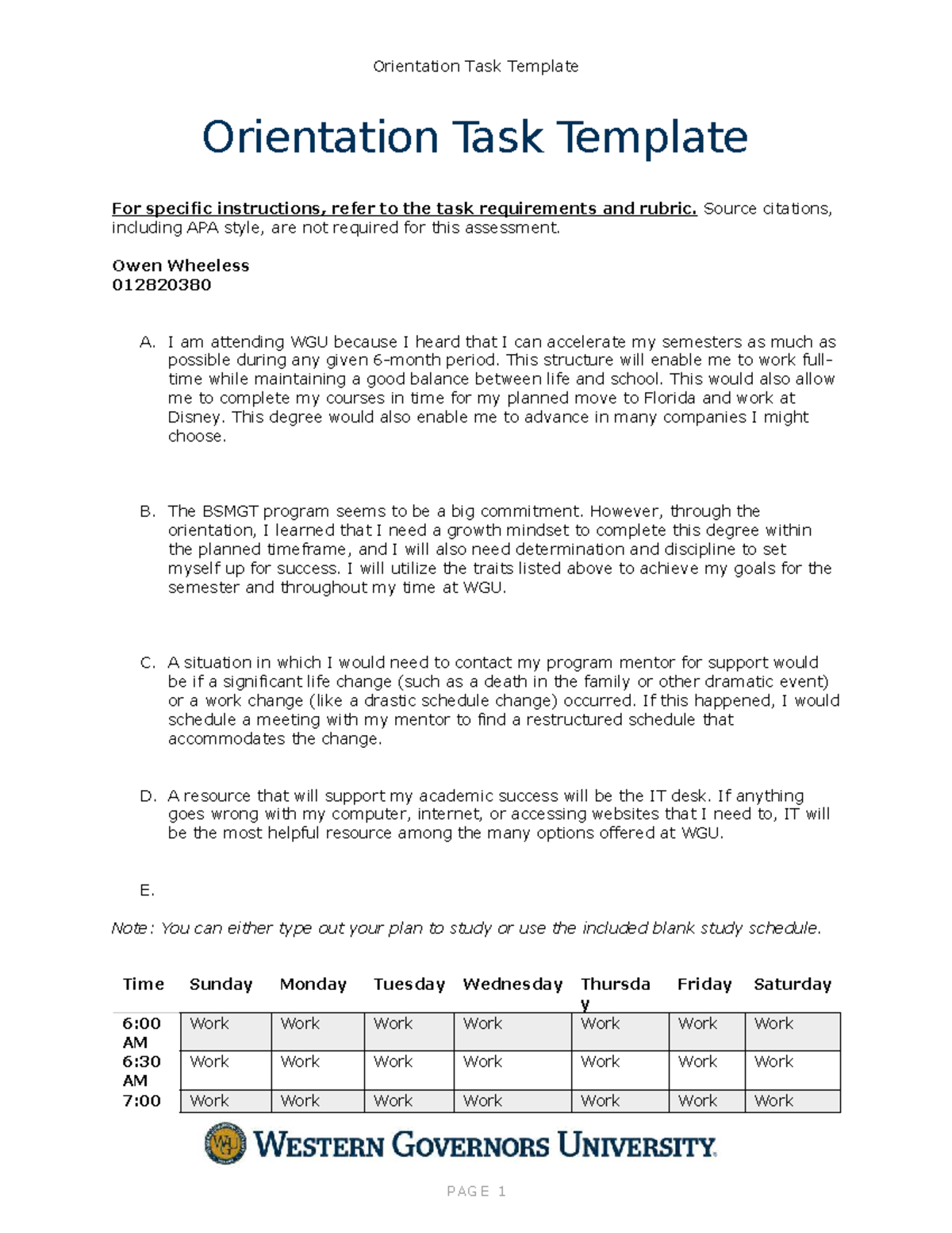 WGU BSMGT Orientation Task Template and Study Plan - Studocu