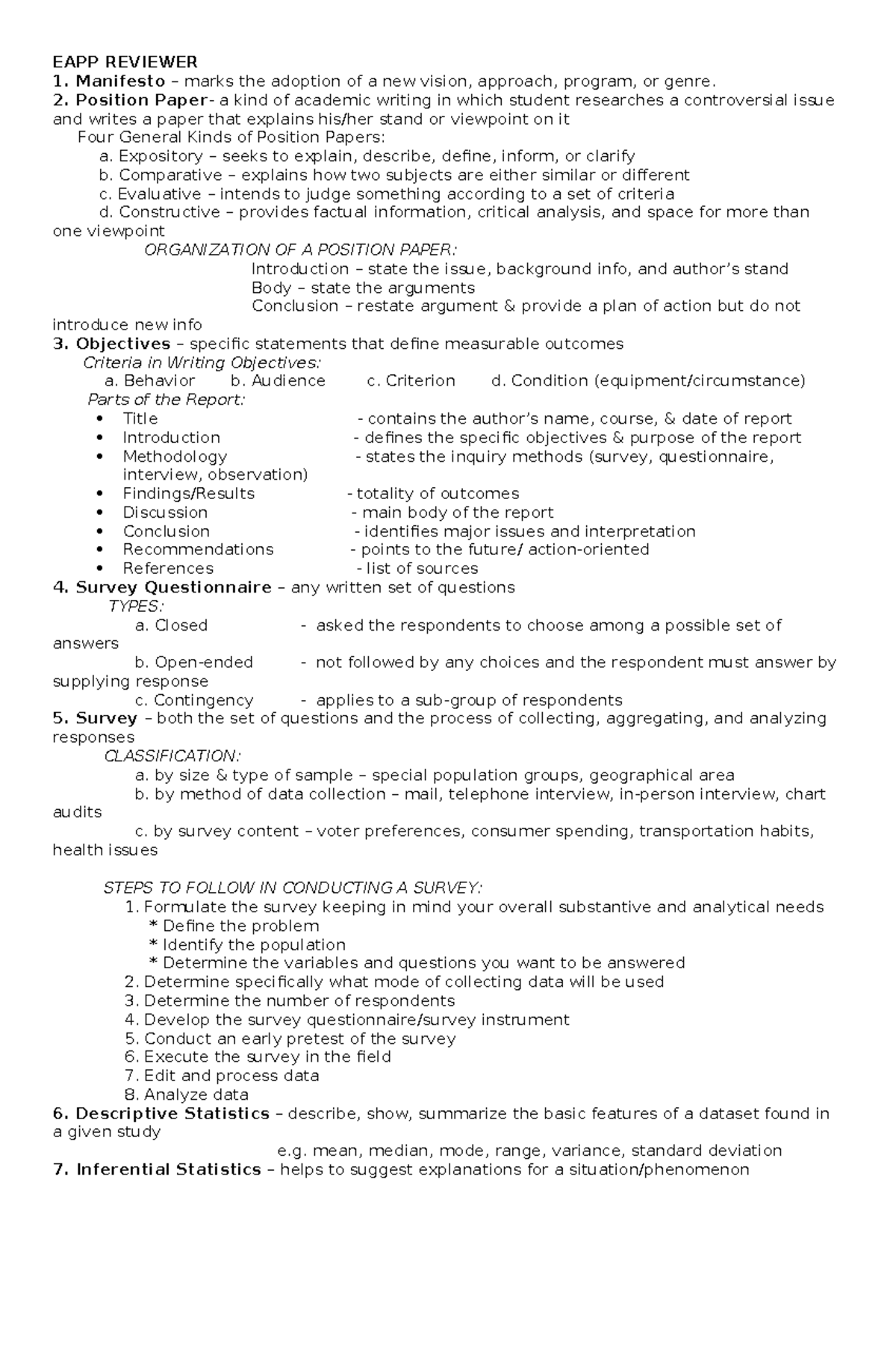 EAPP - Final Exam Reviewer: Key Concepts in Writing and Survey Analysis ...