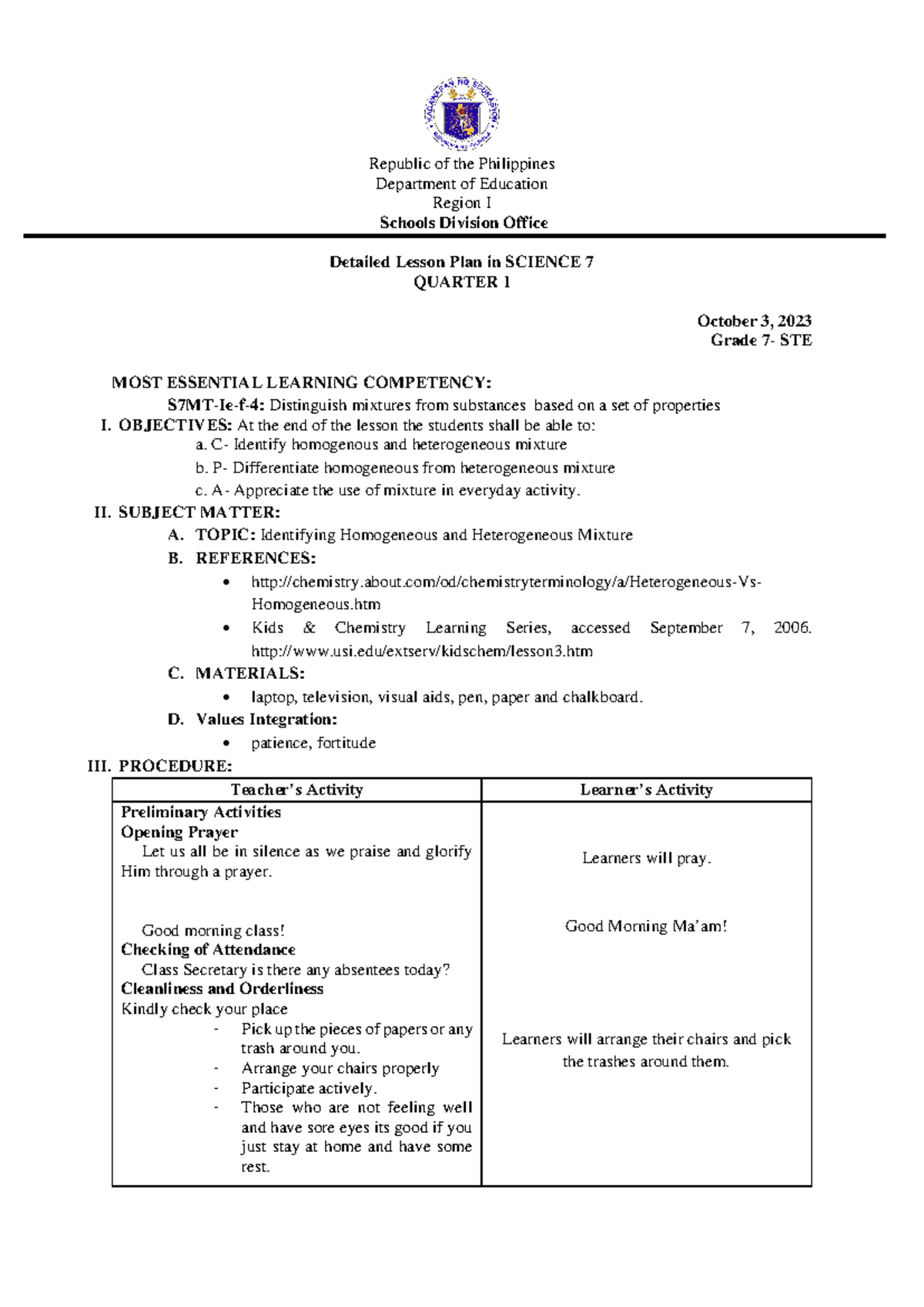 COT 1 - Detailed Lesson Plan on Mixtures: Science 7 Q1 - Studocu