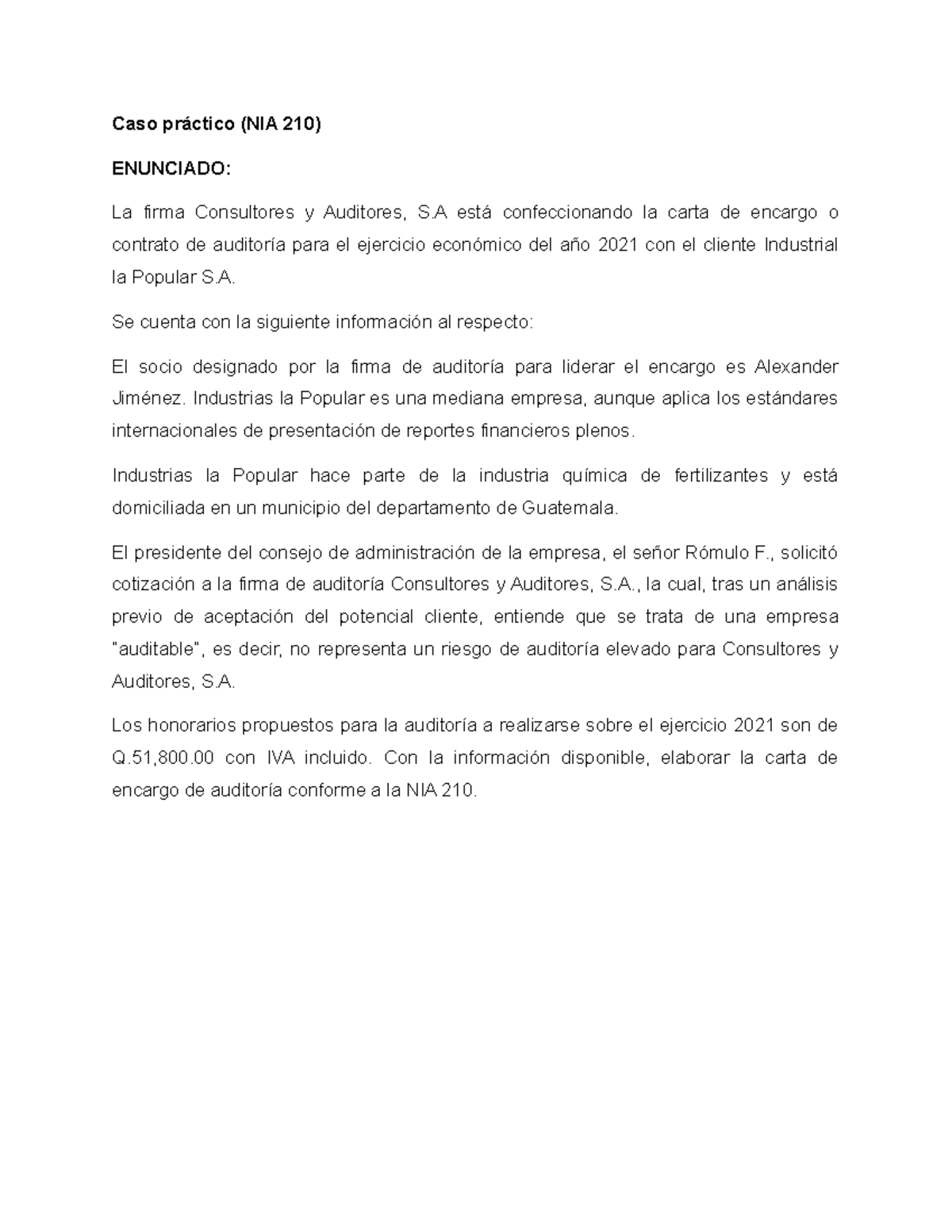 Caso Práctico de Auditoría según NIA 210 - Consultores y Auditores ...