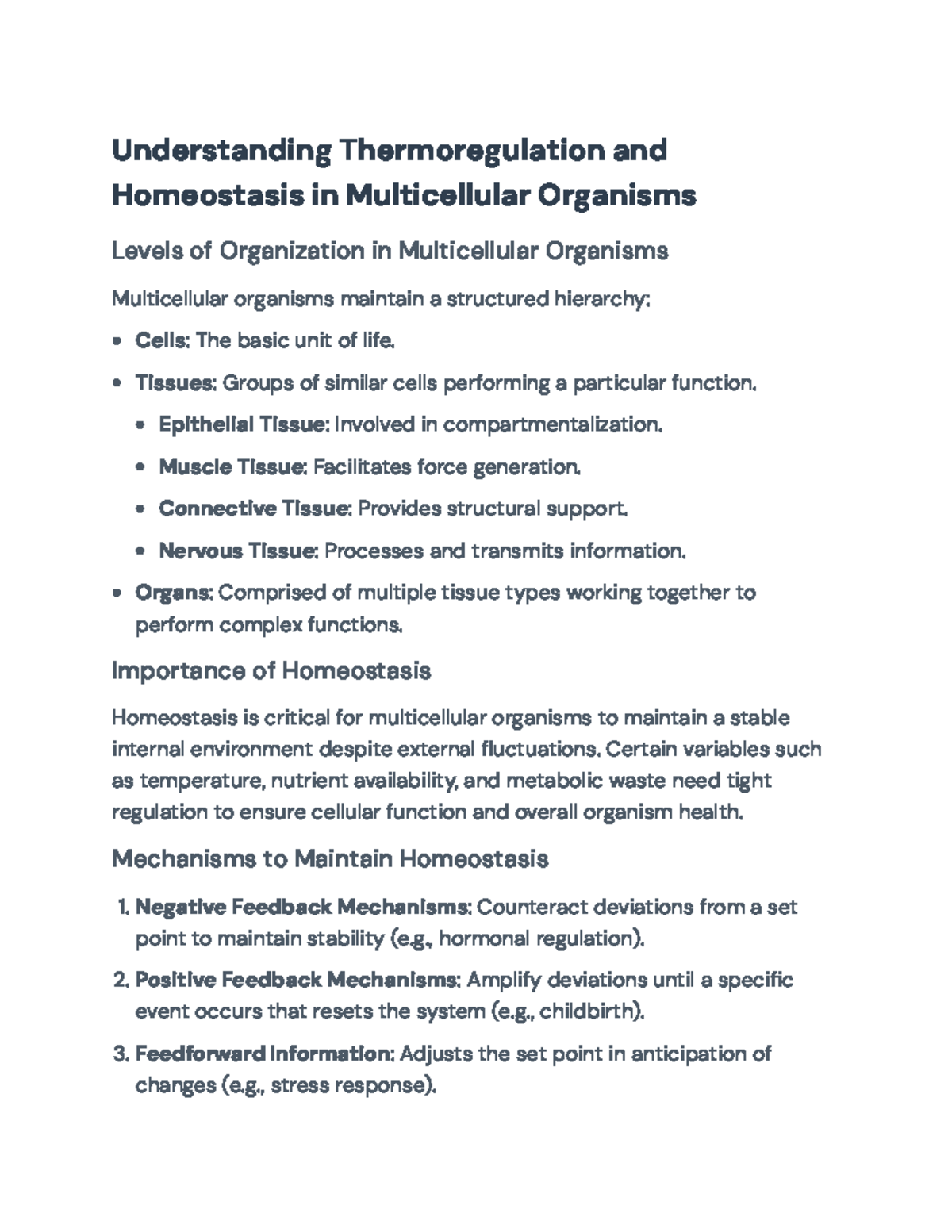 Understanding Thermoregulation and Homeostasis in Multicellular ...
