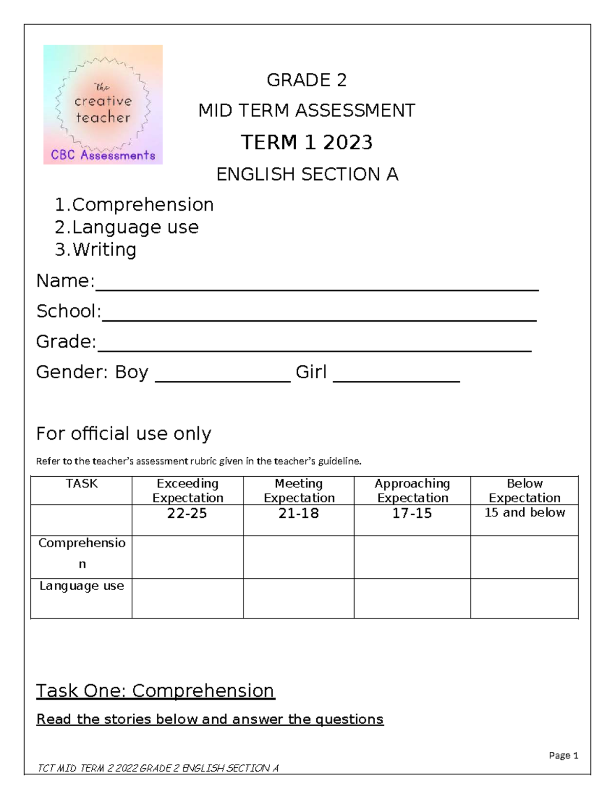 GRADE 2 ENGLISH MIDTERM ASSESSMENT TERM 1 2023 - Studocu