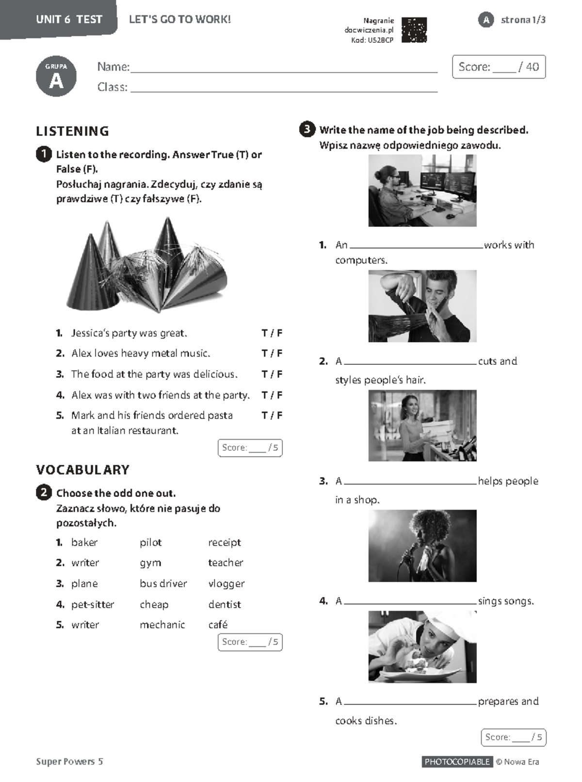 L30545 JA SP JA0-8 kl.5 UNIT 6 TEST: LET'S GO TO WORK! - Studocu