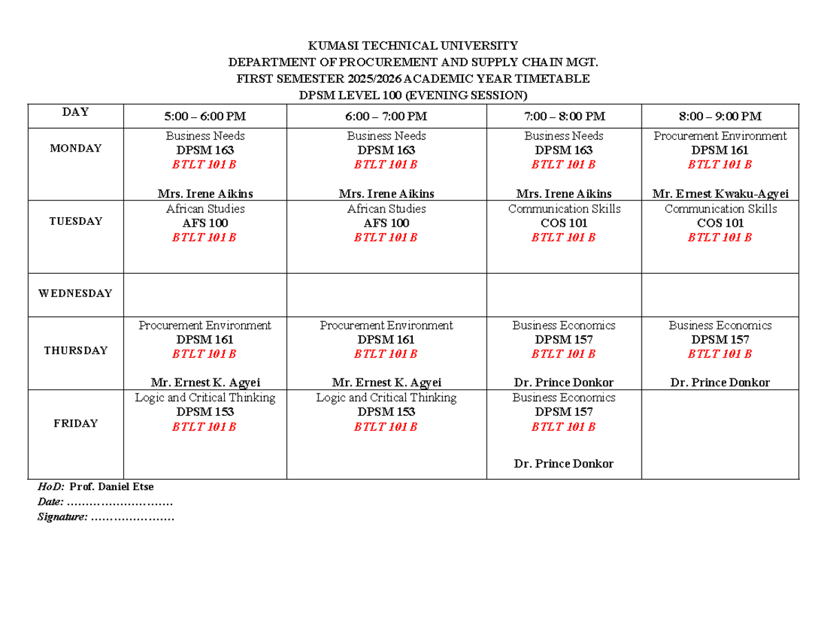 DPSM 100 Evening Session Timetable - 1st Semester 2025/2026 - Studocu