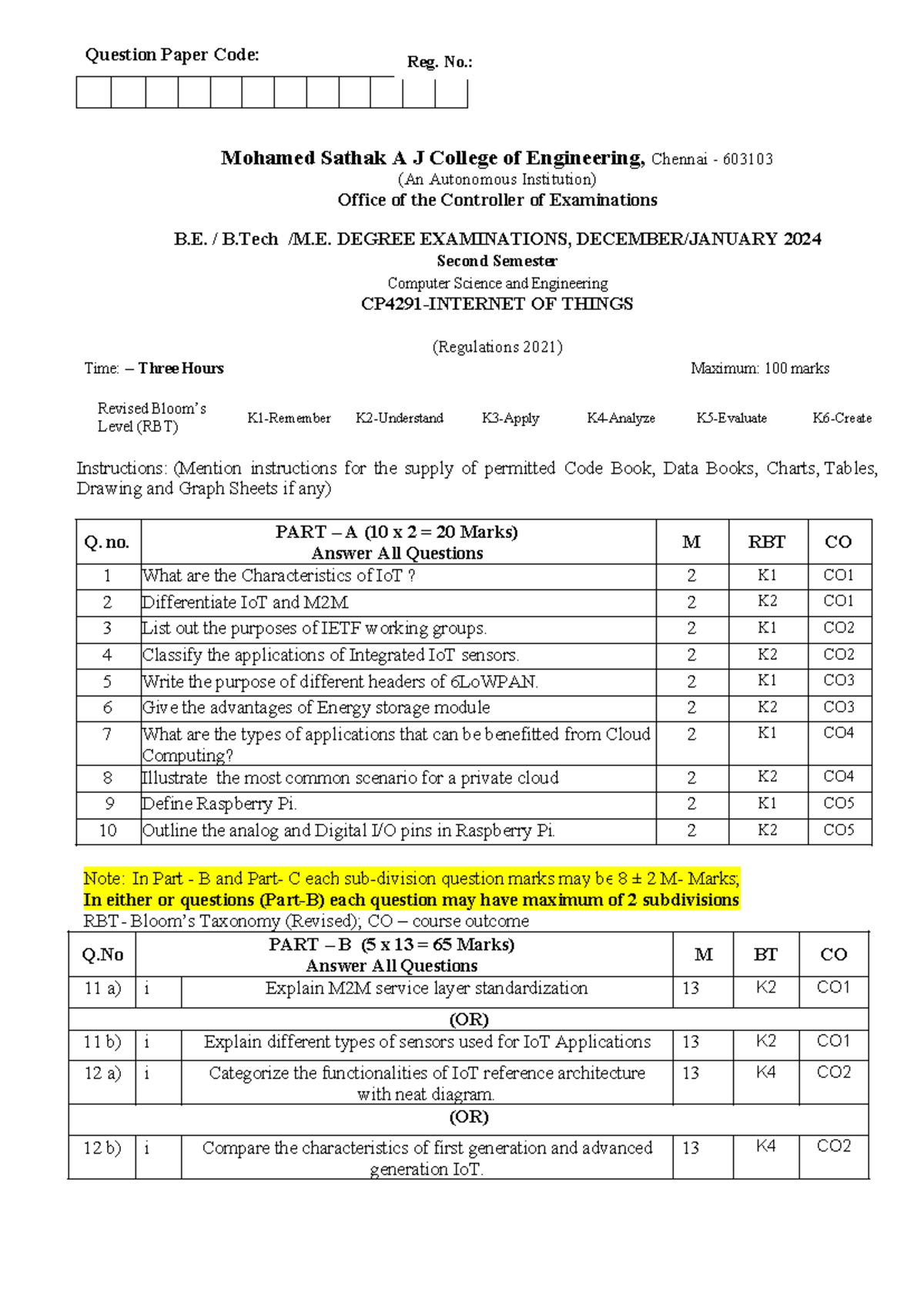 CP4291 Internet of Things - December 2024 Exam Question Paper - Studocu