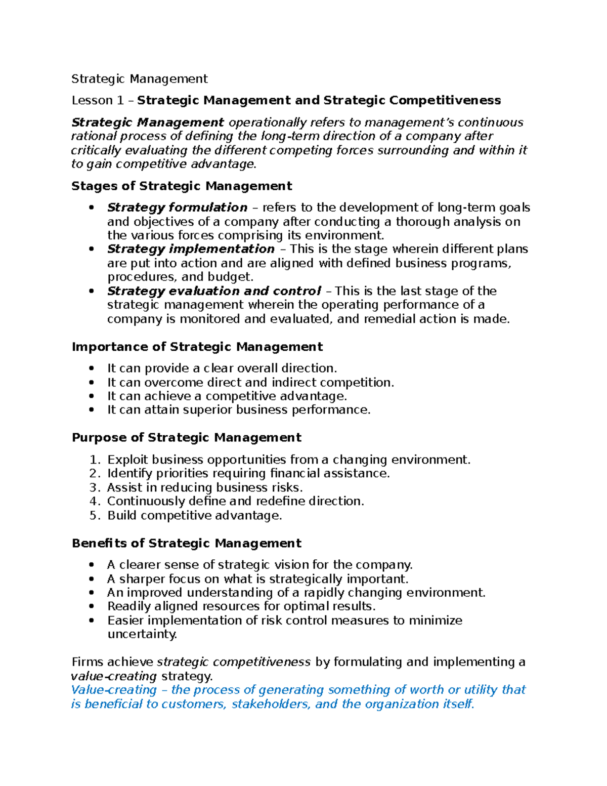 SM-L1: Strategic Management Lesson 1 - Competitiveness & Process - Studocu
