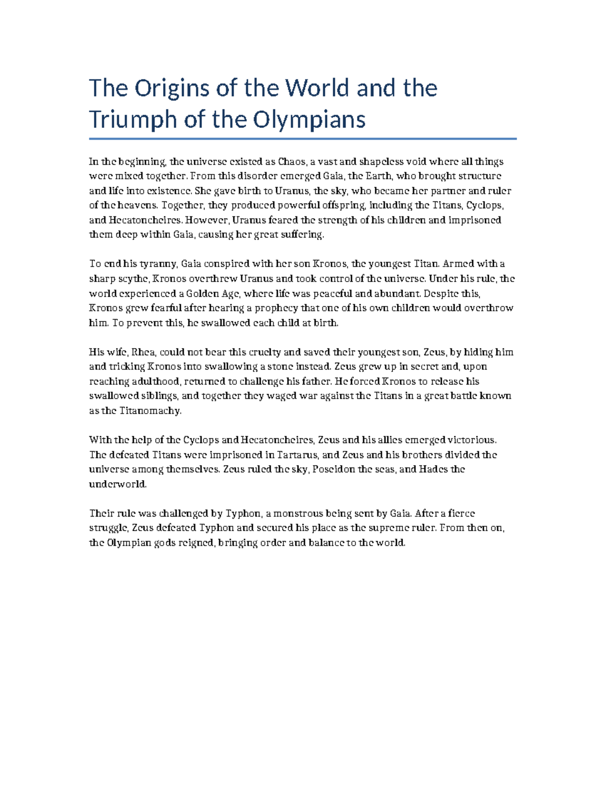 Creation of the World: Greek Mythology Origins and Olympians - Studocu