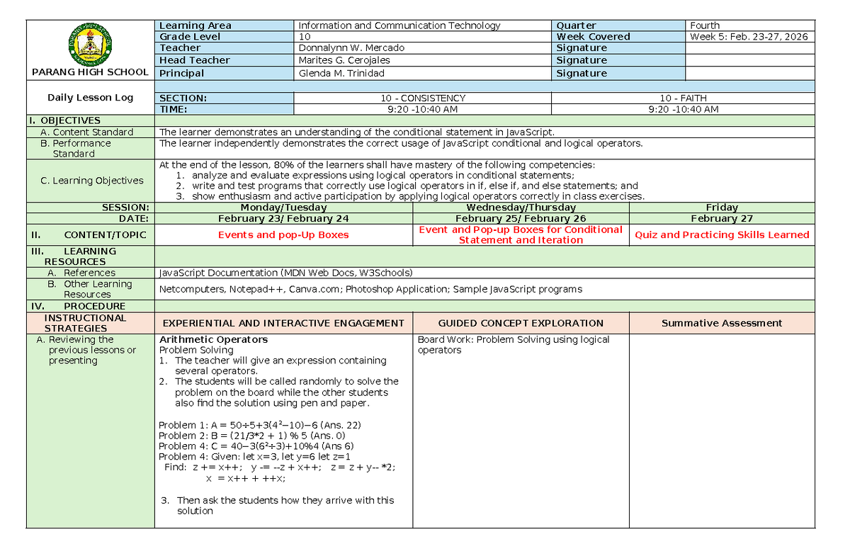 4th Q - Week 5 Daily Lesson Plan: JavaScript Conditional Statements - Studocu