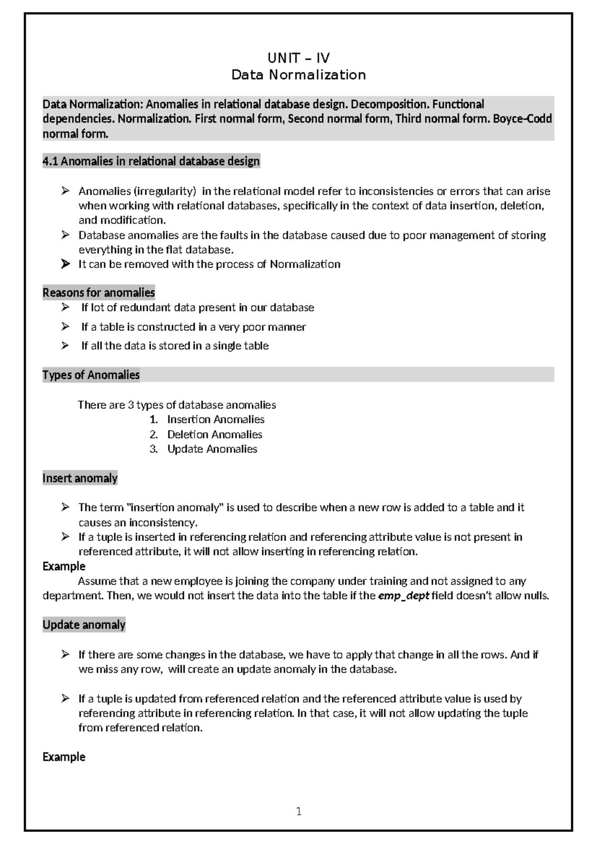 Unit IV - Data Normalization: Anomalies and Functional Dependencies ...