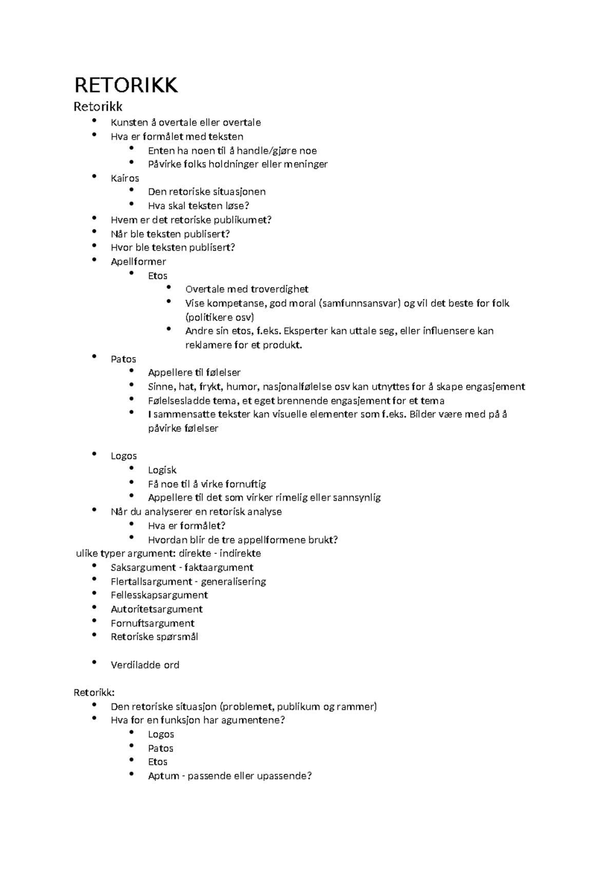 RETORIKK Kortsvar: Analyse av Retoriske Appellformer - Studocu