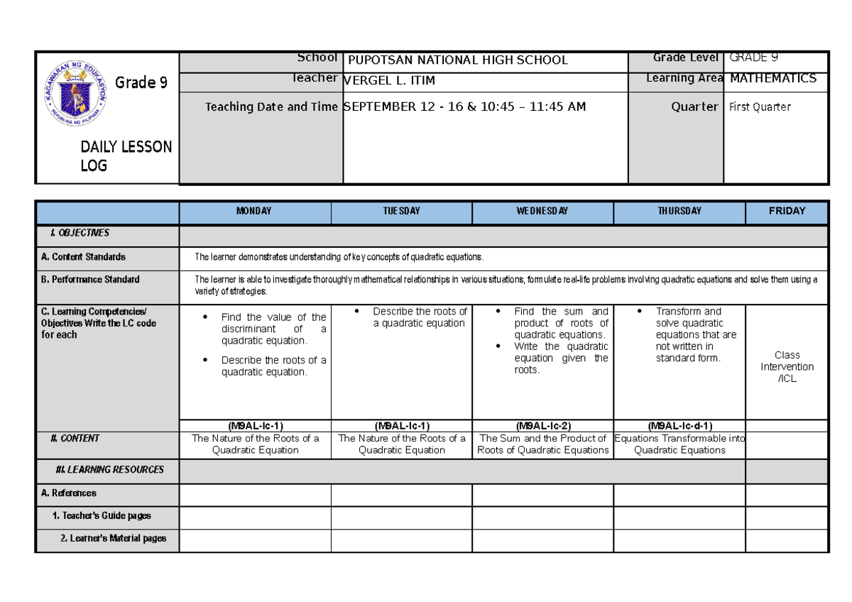 MATH 9 lesson plan week 5 - Grade 9 DAILY LESSON LOG School PUPOTSAN ...