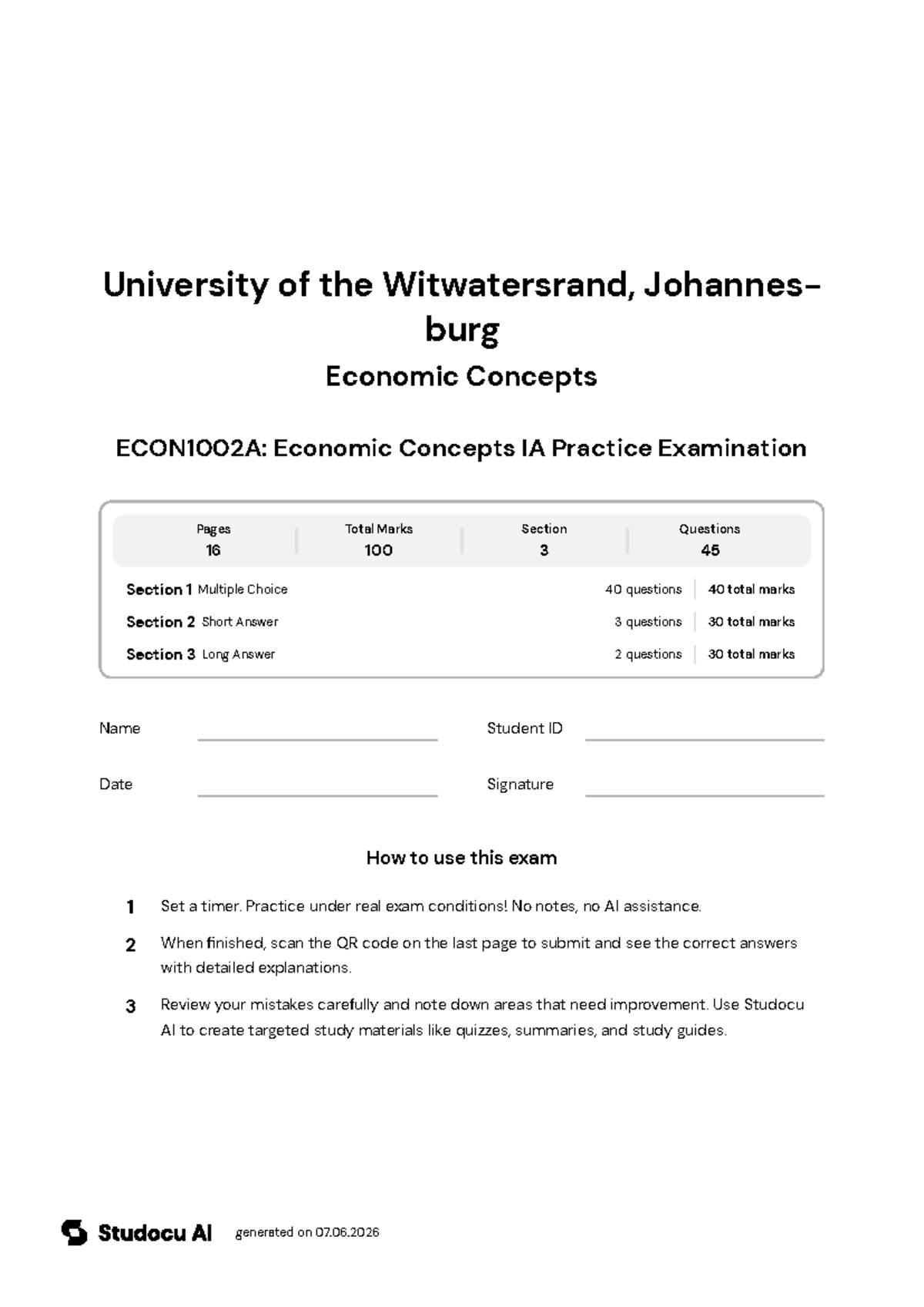 ECON1002A: Economic Concepts IA Practice Exam - Studocu