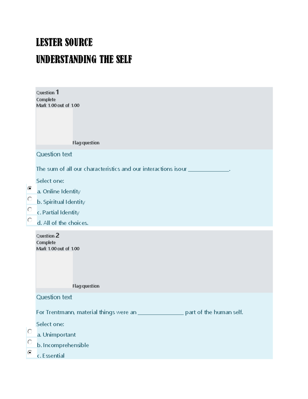 Understanding the Self: Quiz FQ1-FQ2 Insights and Questions - Studocu